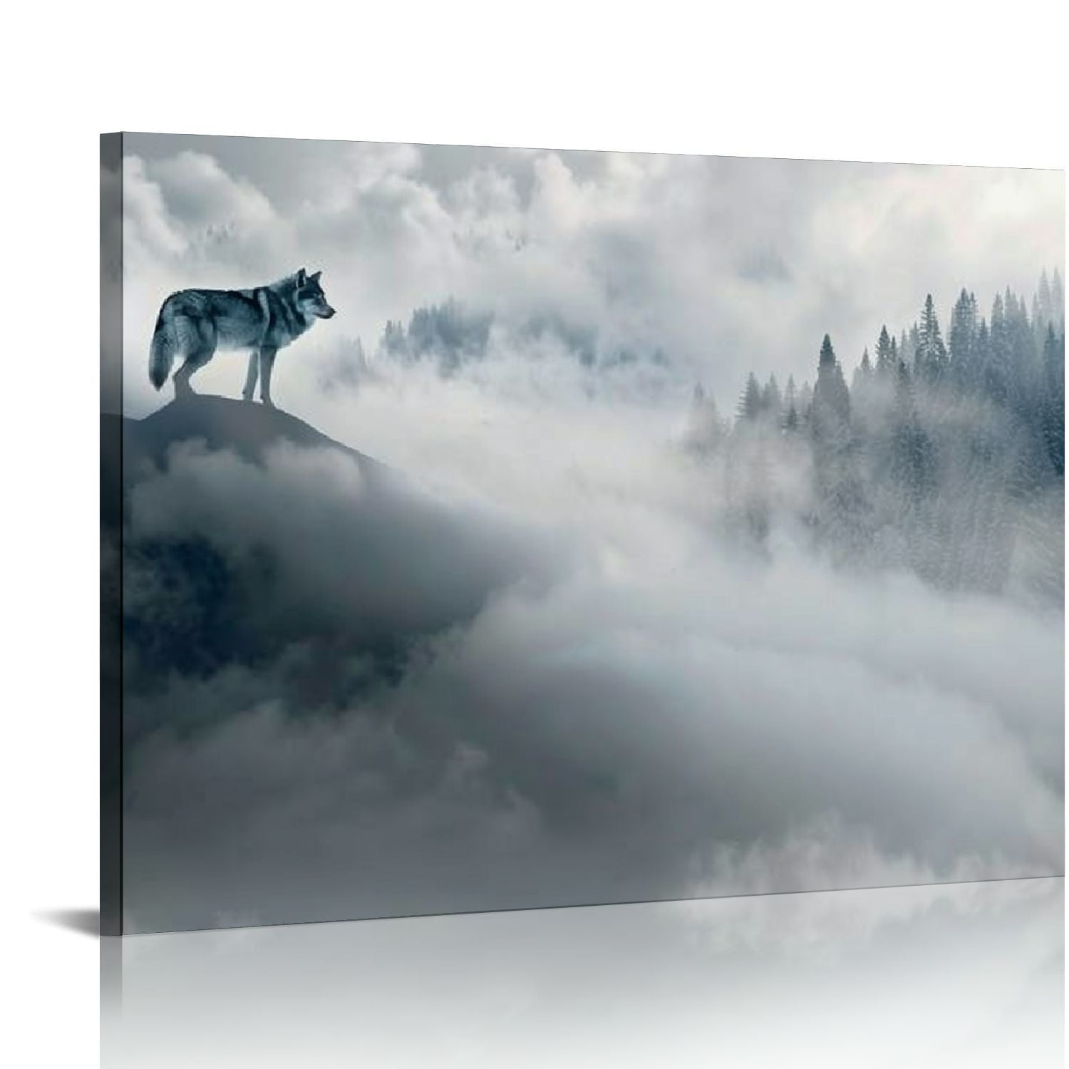 Nawypu Wolf Canvas Wall Art - Wolves in Misty Forest Mountains Prints ...