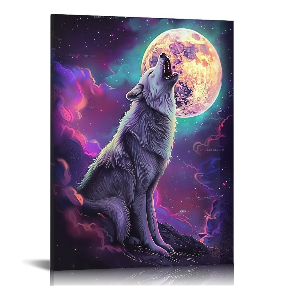 Nawypu Wolf Howling At The Moon And Stars Canvas Wall Art Wolf Pictures ...