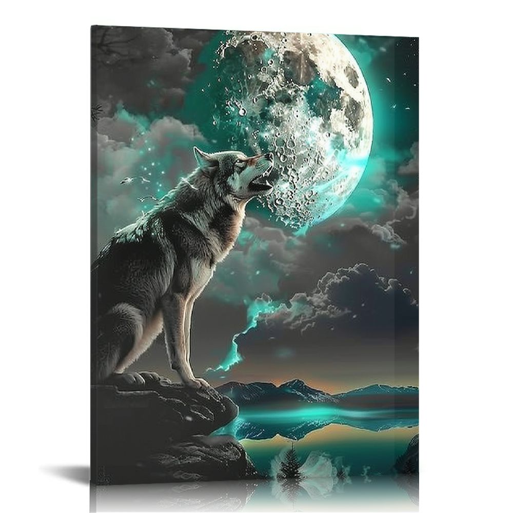 Nawypu Wolf Wall Art Animal Blue Moon And Wolf Decor Wolf Canvas Print ...