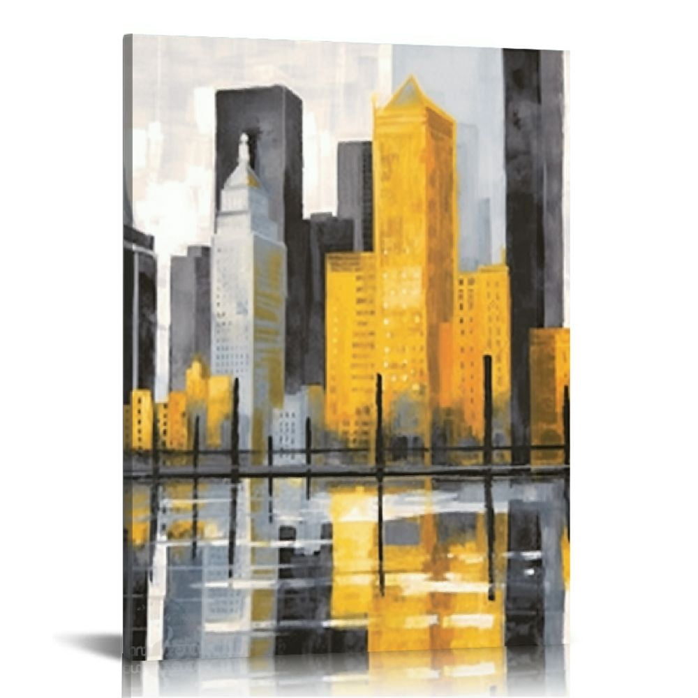 Nawypu Yellow Abstract Canvas Wall Art Yellow Gray Aesthetic City ...