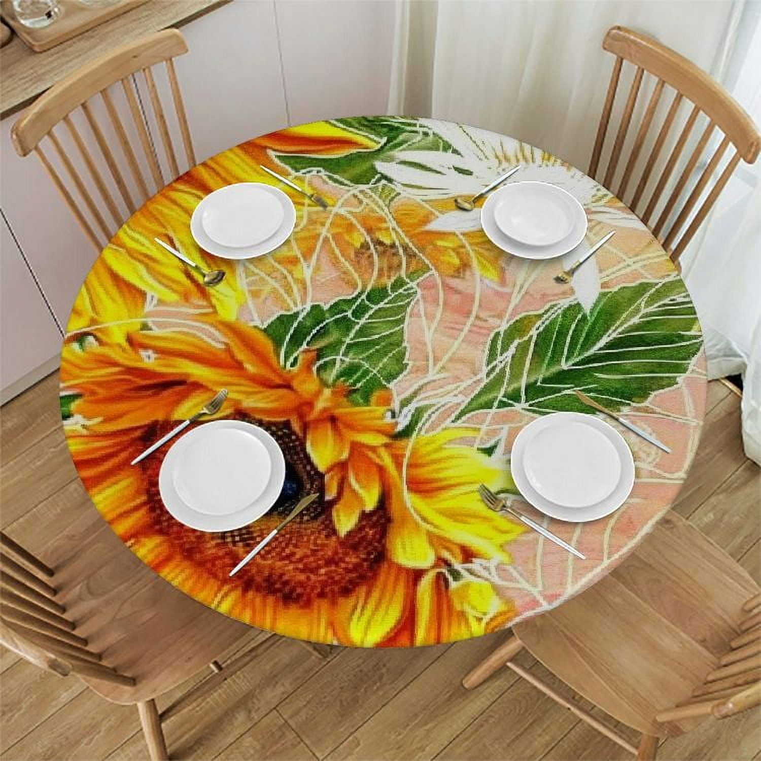 Nawypu Yellow Sunflower Elastic Table Cover Round Table Cloth Flower ...