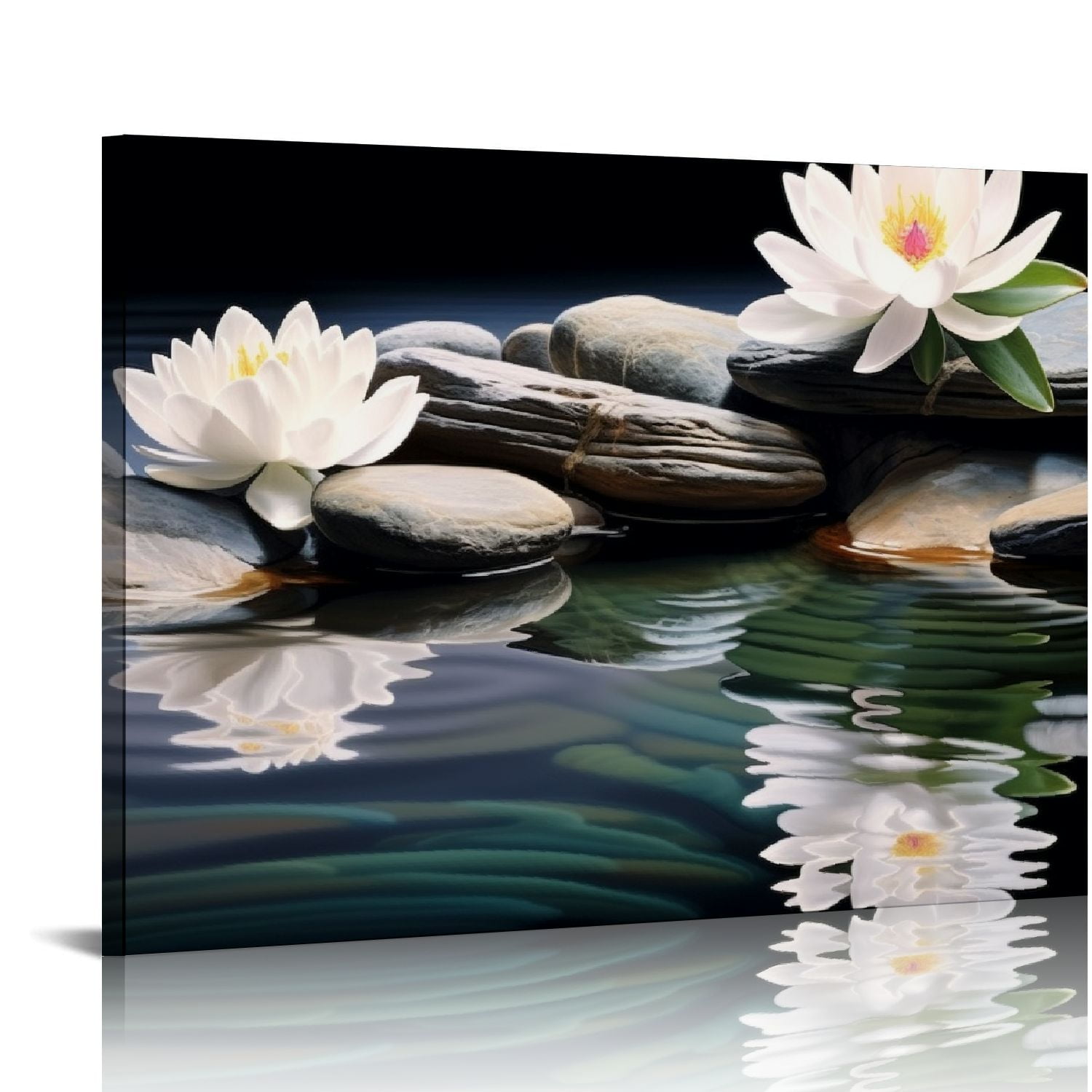 Nawypu Zen Canvas Wall Art White Lotus and Black Zen Stones Bloom in ...