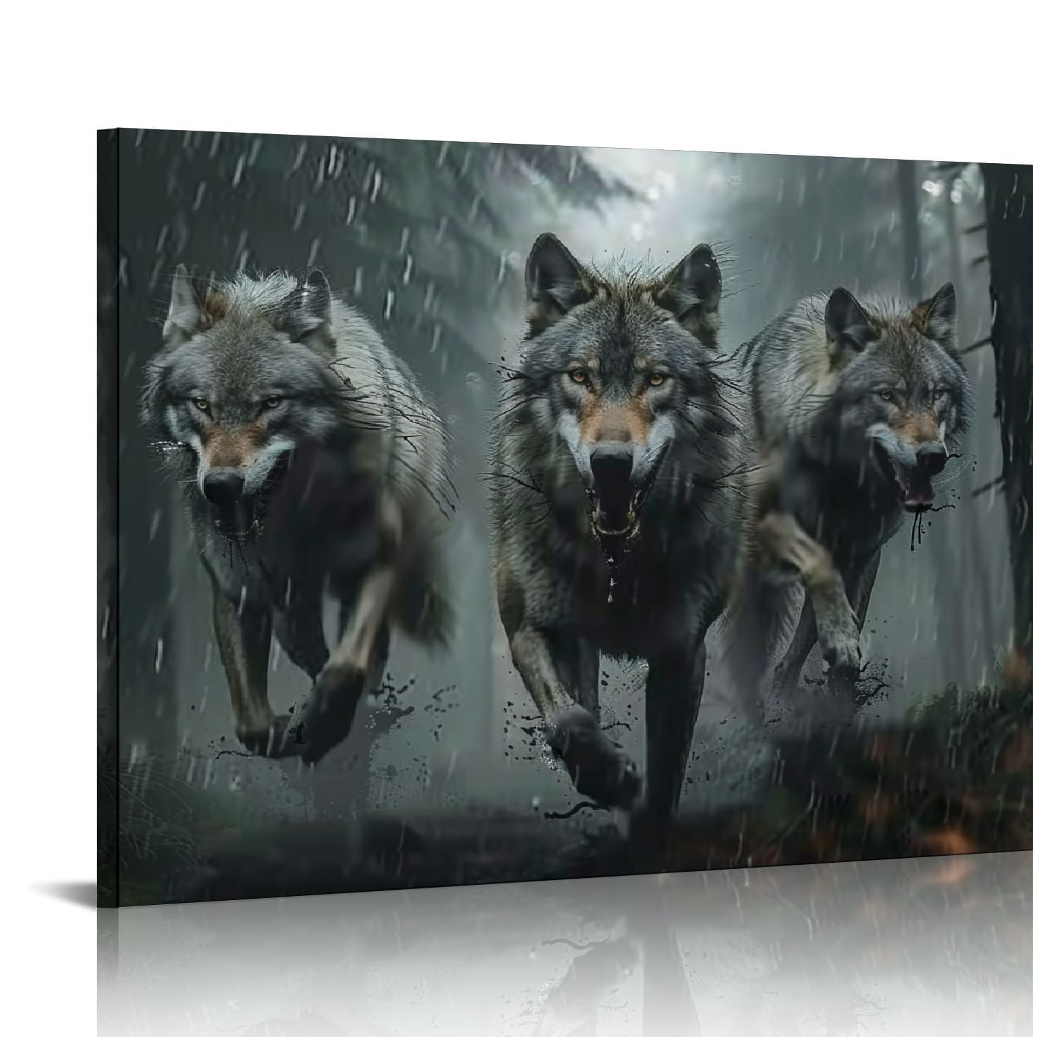 Nawypu wolf Canvas Wall Art - Wolves Running In The Forest Gazing At ...