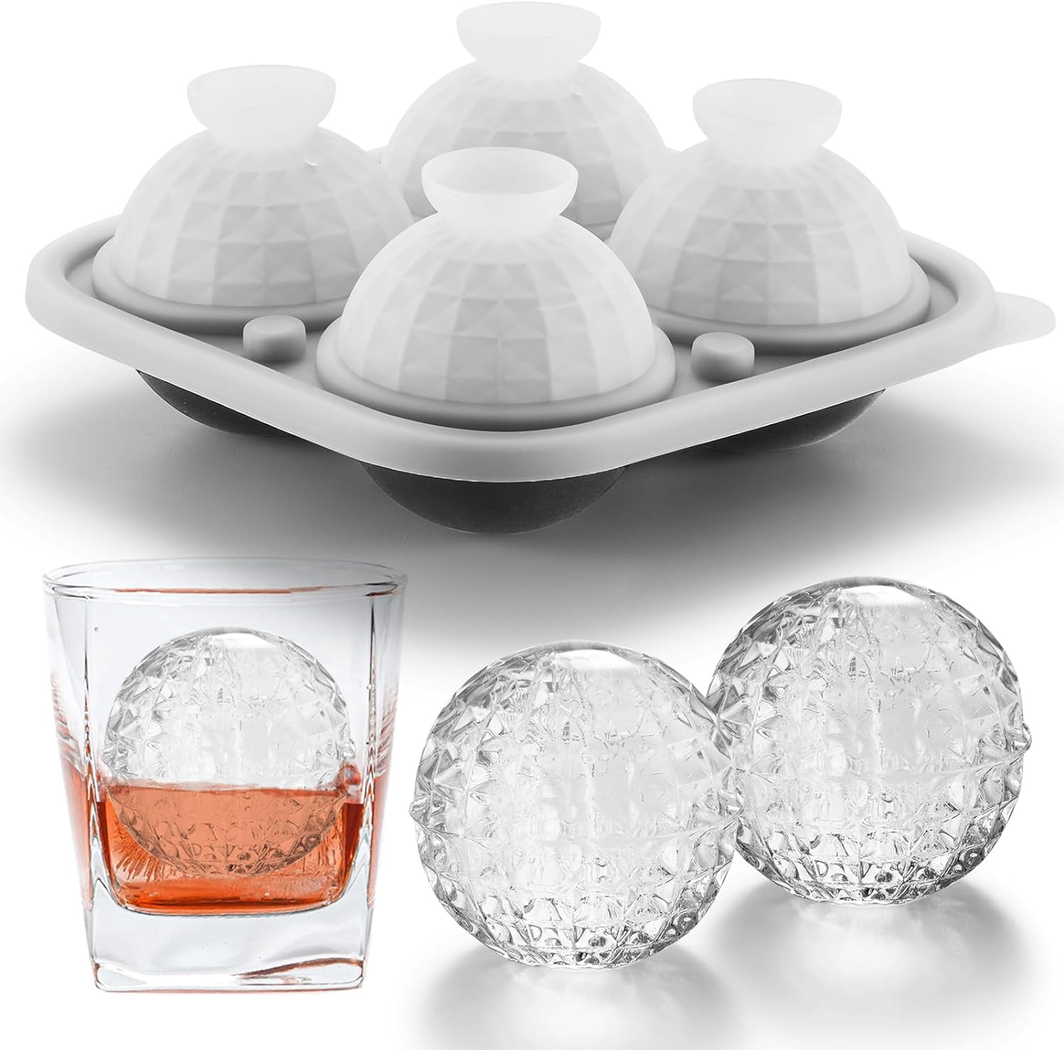 3D Ball Crystal Ice Cube Tray, Large Ball Silicone Fun Shapes Whiskey ...