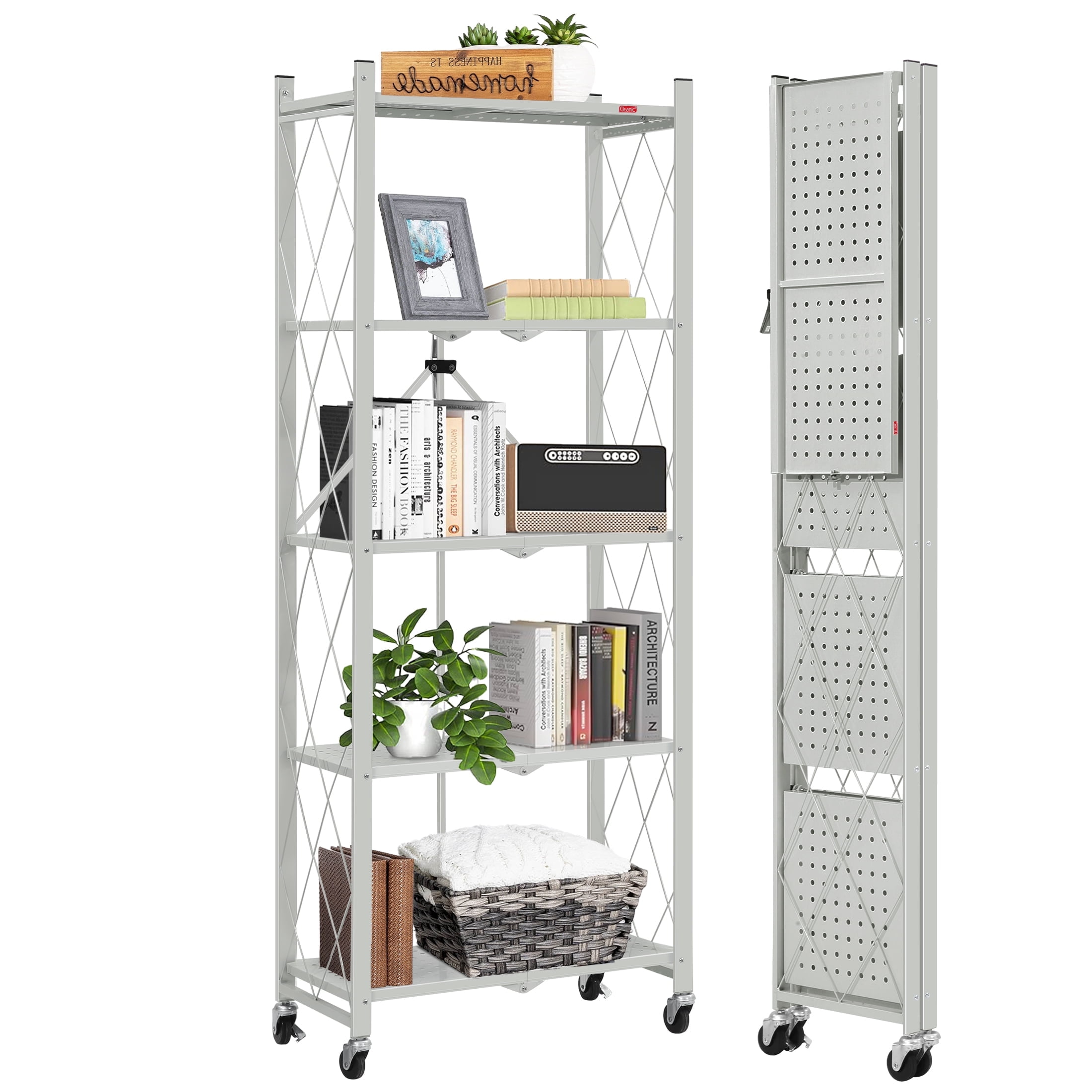Nbcleanic 5-Shelf Foldable Bookcase with Wheels, Storage Shelves ...