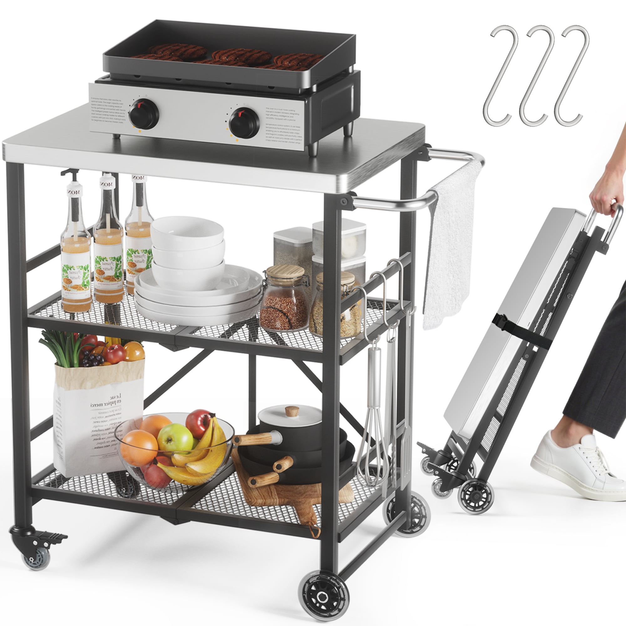 Nbcleanic Portable Outdoor Grill Cart with Locking Wheels & Stainless ...