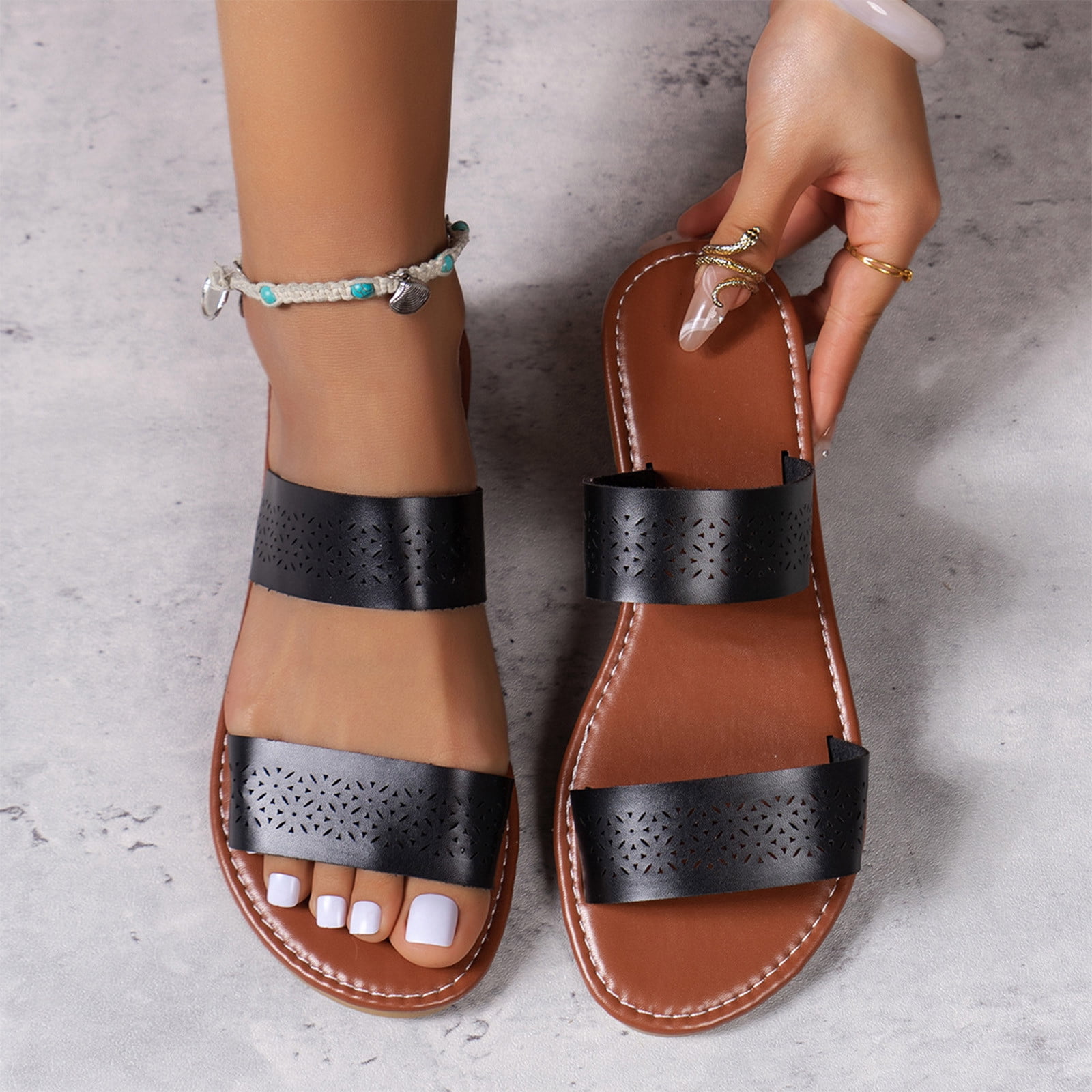 Ndbuld Shoes for Women Womens Slip On Flip Flops Ring Toe Strappy ...