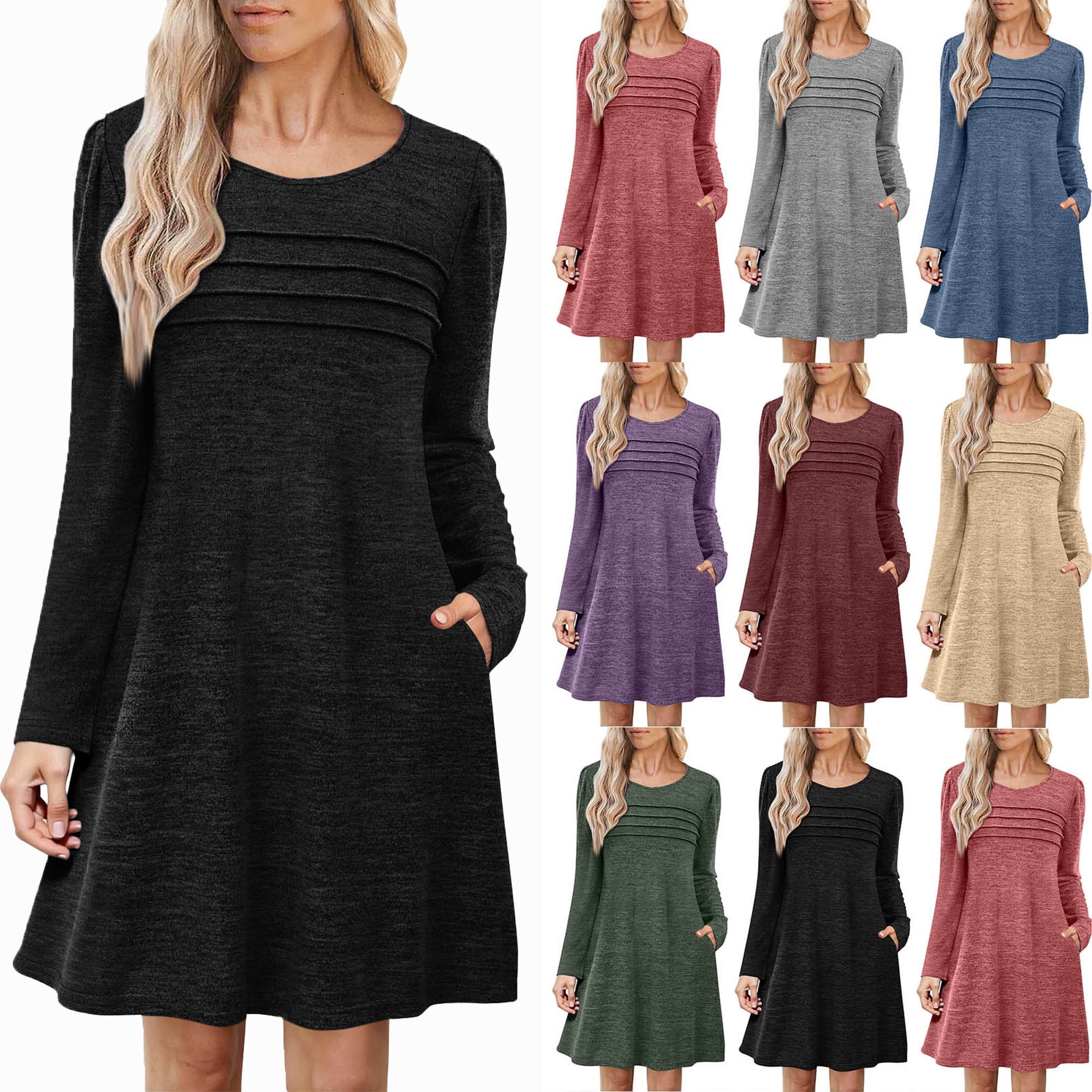 Ndbuld Women's Spring Fall Short Dress Ribbed Knit Crewneck Long Sleeve ...