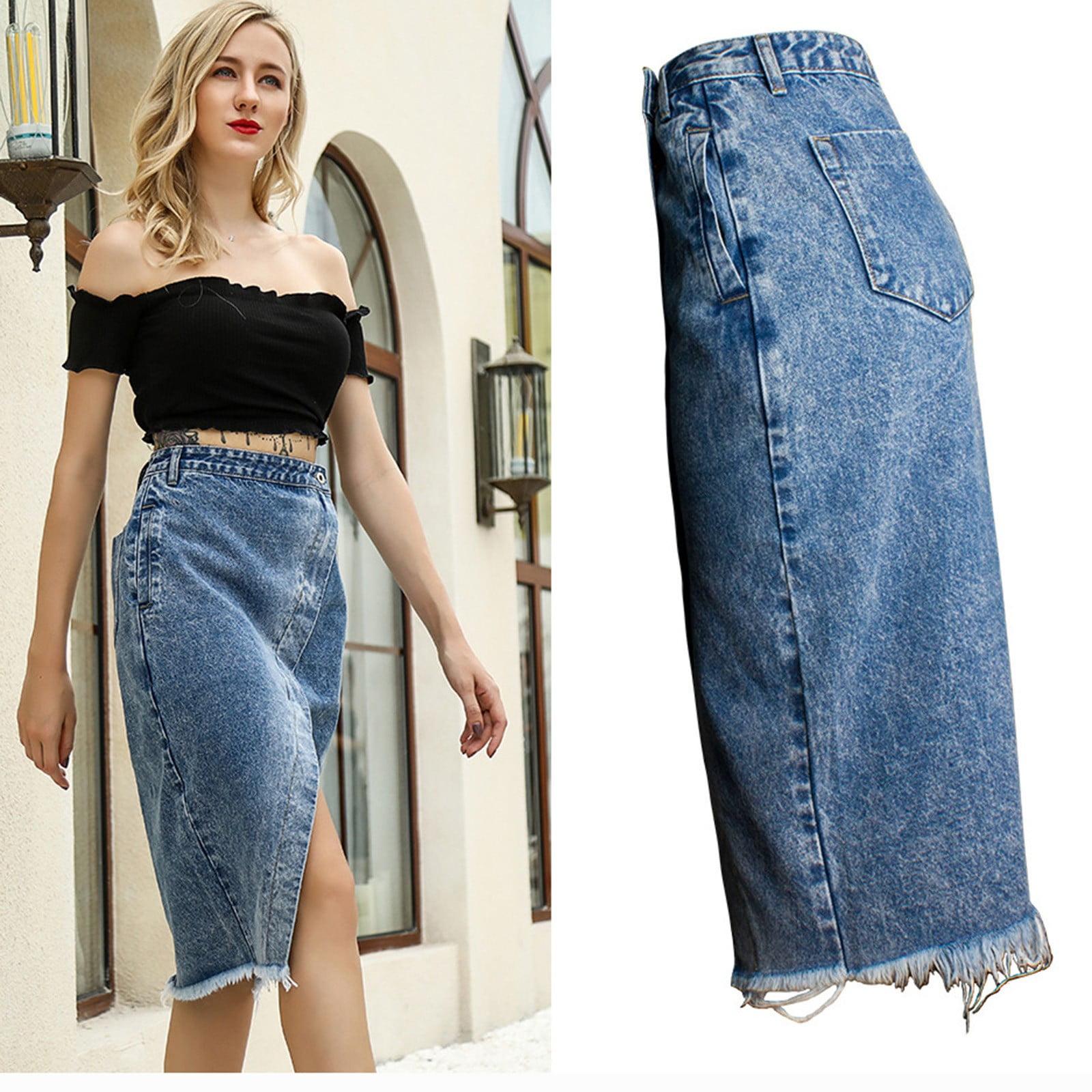 Ndbuld Vintage Denim Skirts for Women Women Fashion High Waist Ripped ...
