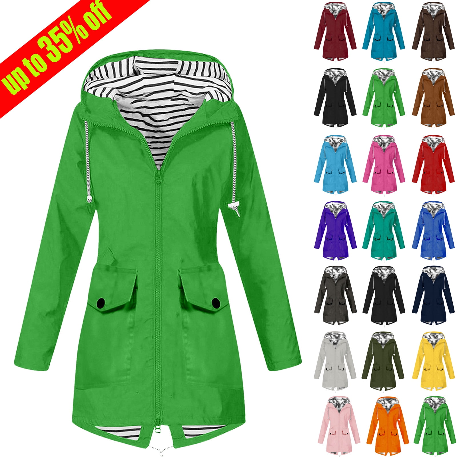 Ndbuld Women's Rain Jacket Plus Size Long Raincoat Women Solid Color ...