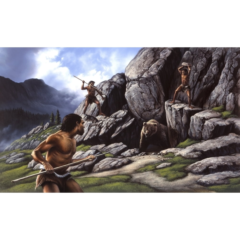 Neanderthals hunt a cave bear Poster Print - Walmart.com