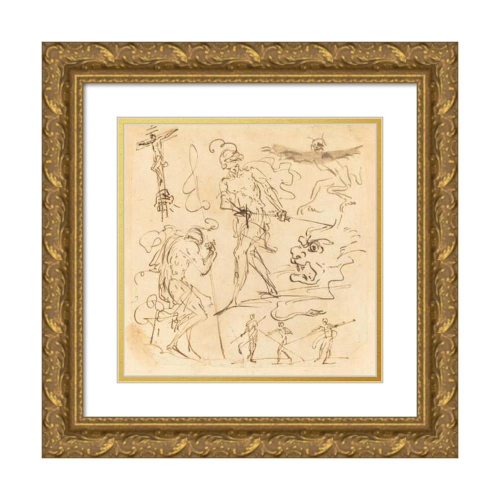 Neapolitan 17th Century 15x15 Gold Ornate Wood Frame and Double Matted ...