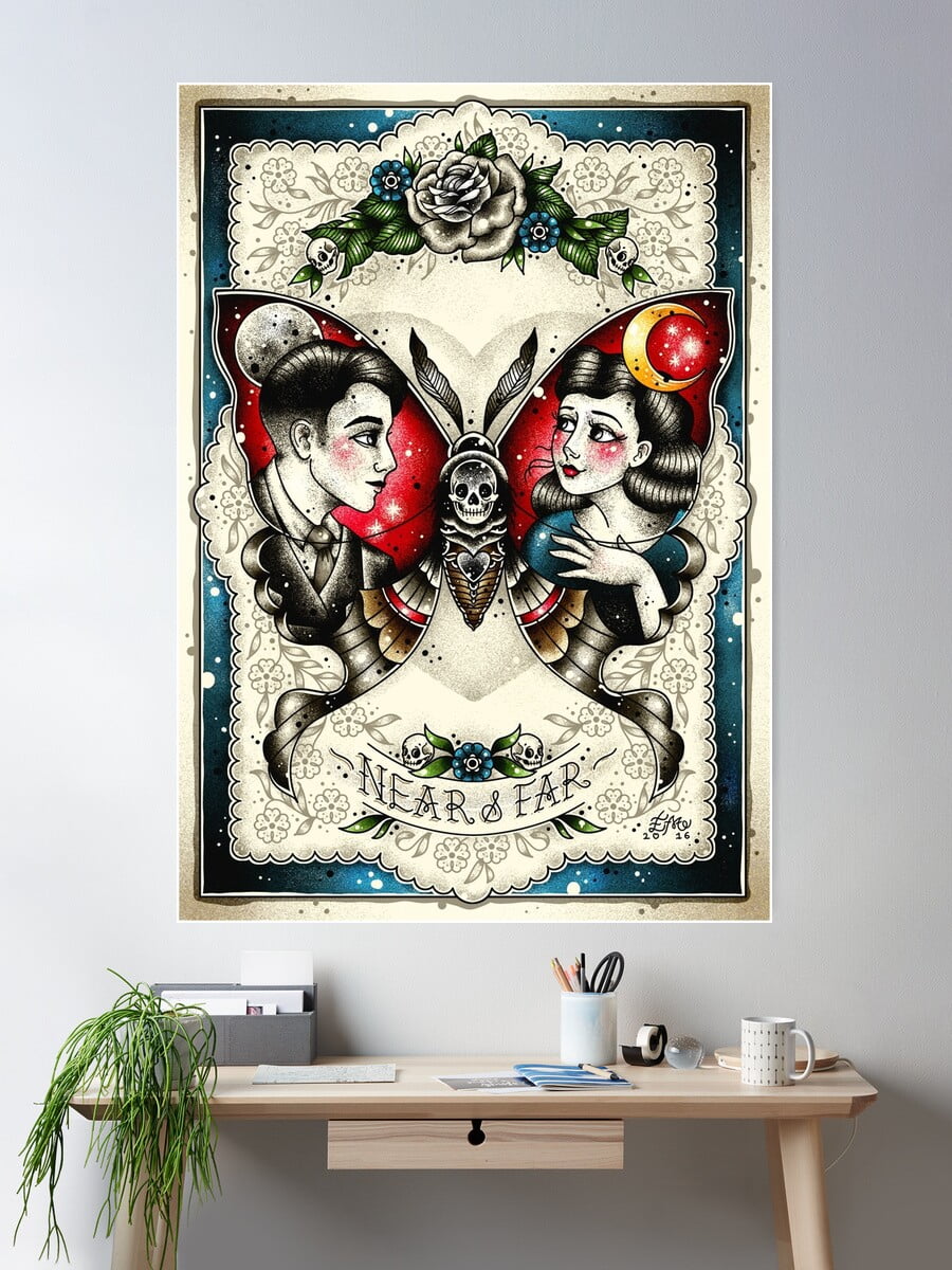 Near And Far Moth Vintage Lovers Cute Traditional Tattoo Flash Poster Wall Art, Modern Wall ...