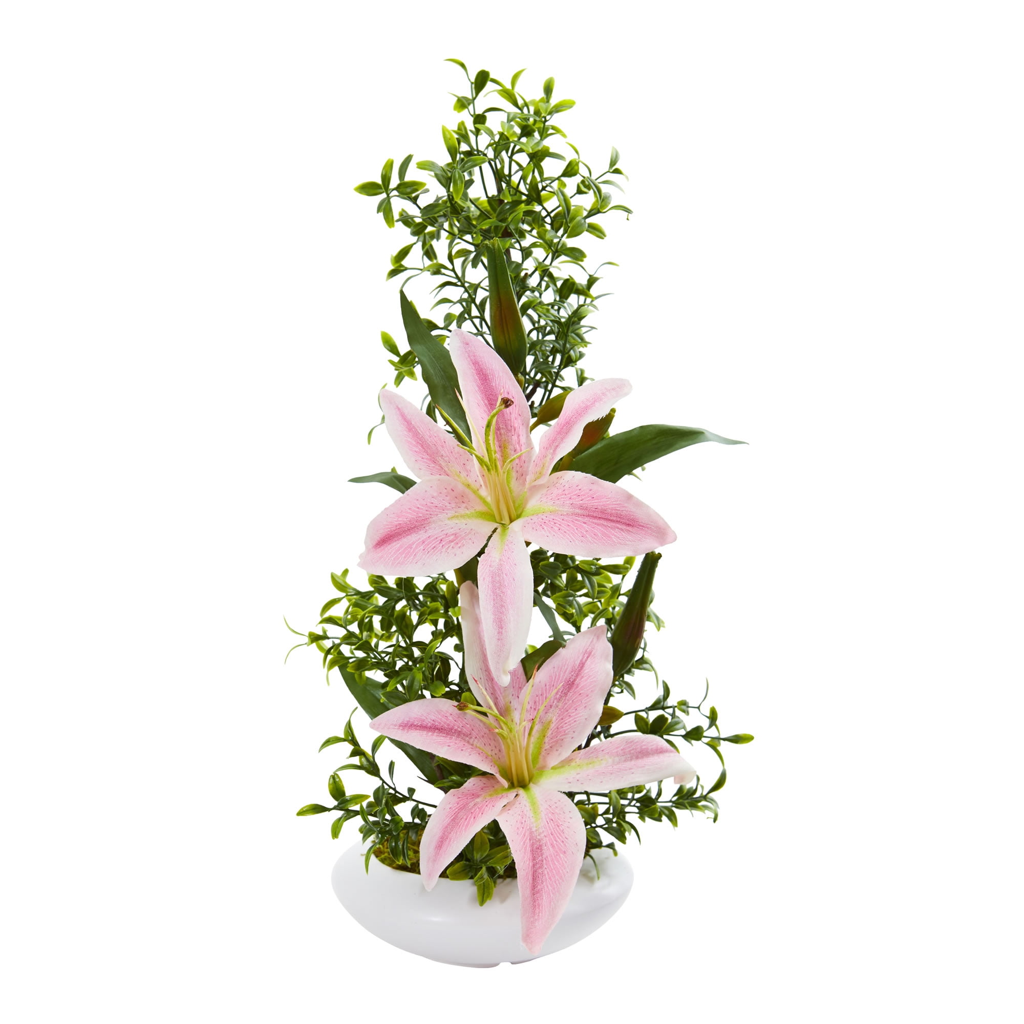 Nearly Natural 15in. Lily and Boxwood Artificial Arrangement in White ...