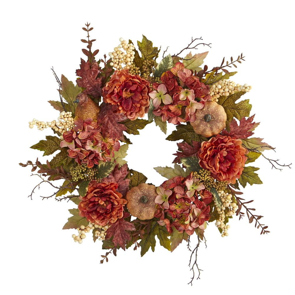 24 Peony, Hydrangea and Pumpkin Fall Artificial Wreath - Walmart.com