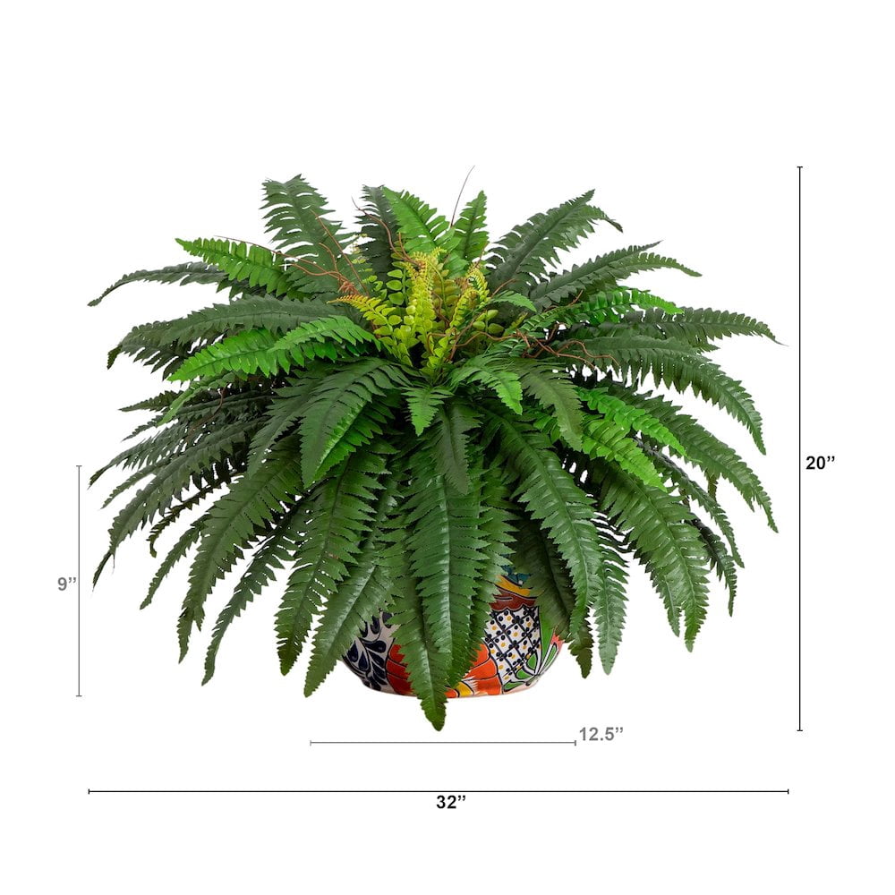 Nearly Natural 32in. Artificial Double Boston Fern in Handmade Mexican ...
