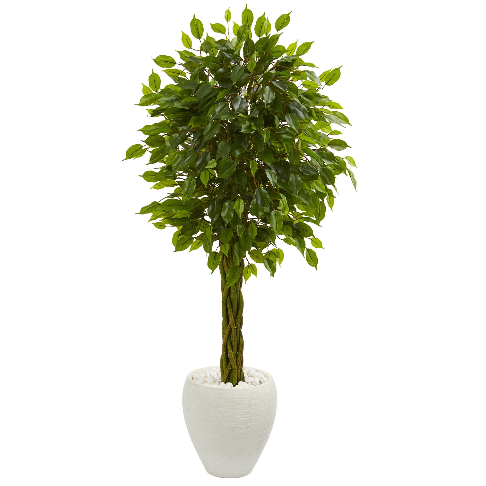 Nearly Natural 4.5 ft. Braided Ficus Artificial Tree in White Planter ...