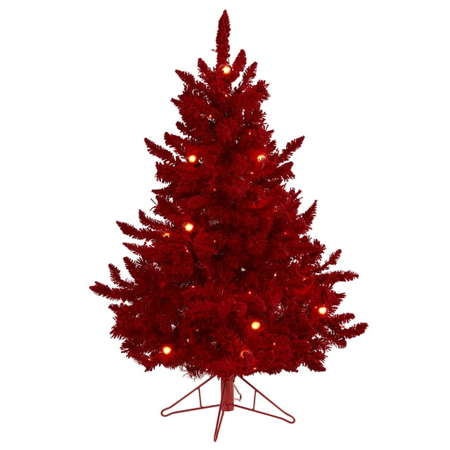 Nearly Natural 4' Red Flocked Fraser Fir Artificial Christmas Tree with ...