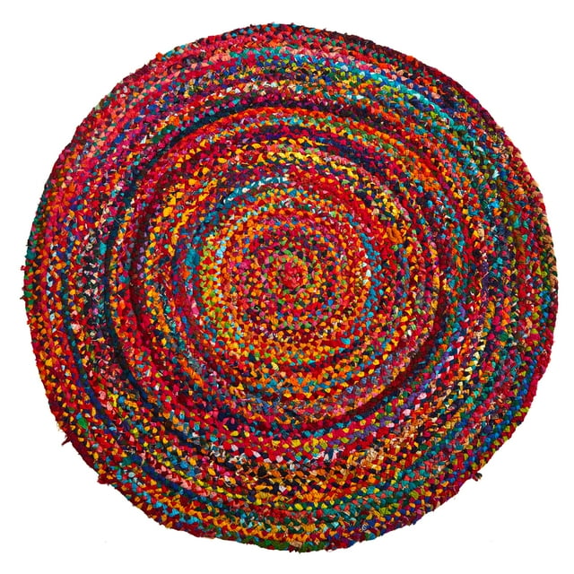Nearly Natural 4' x 4' Hand Braided Boho Colorful Chindi Round Rug ...