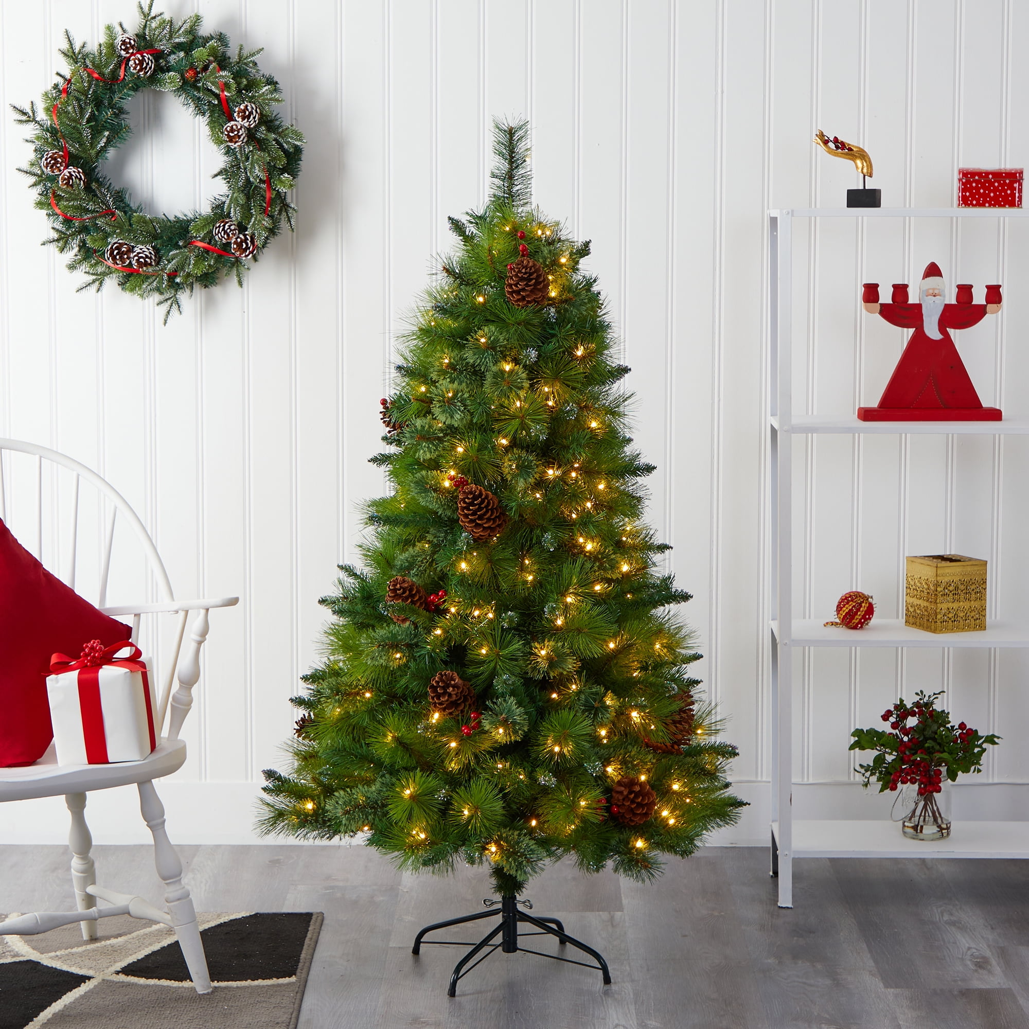 Nearly Natural 5' Pine Artificial Christmas Tree Prelit with 250 Clear ...