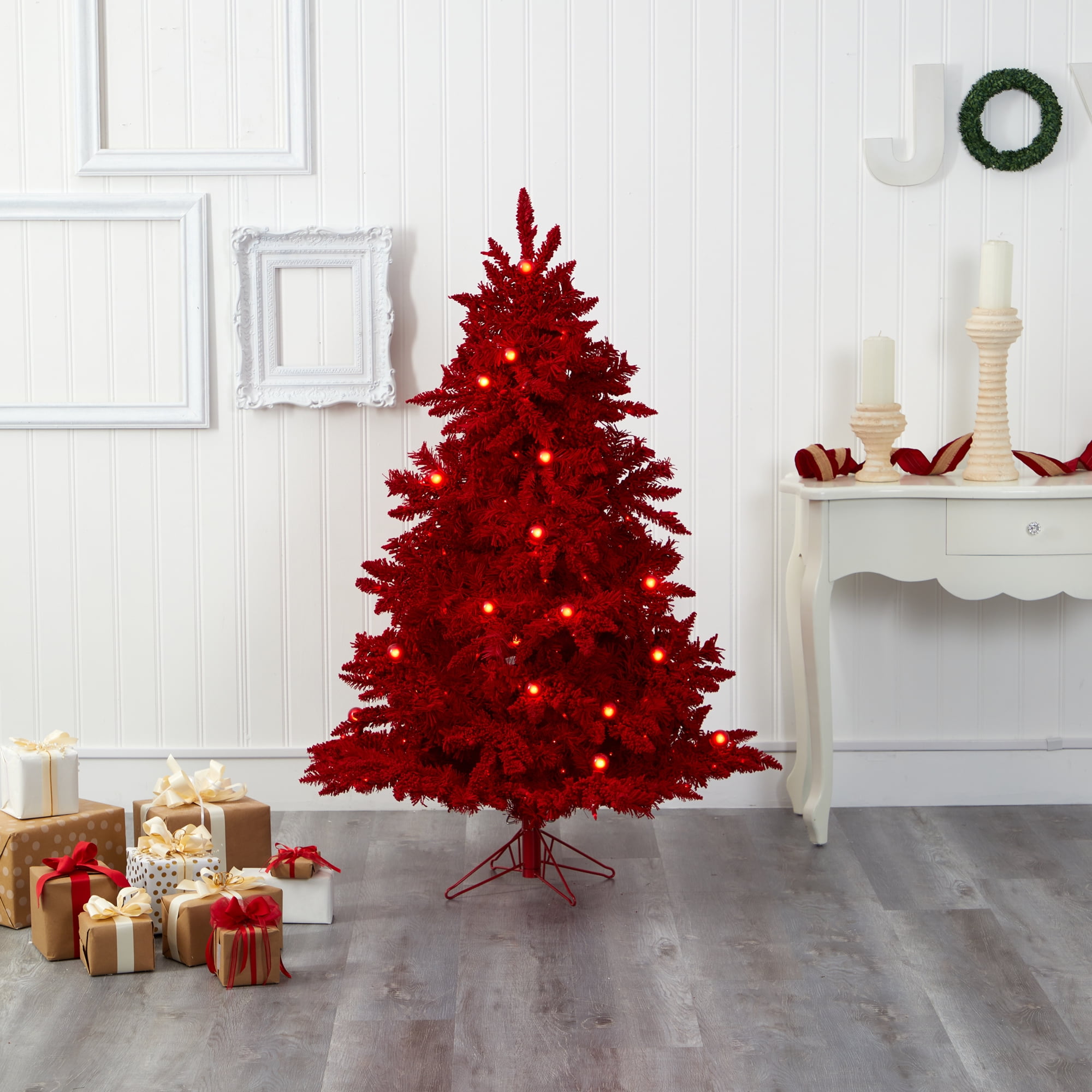 Nearly Natural 5' Red Flocked Fir Artificial Christmas Tree Prelit 250 ...