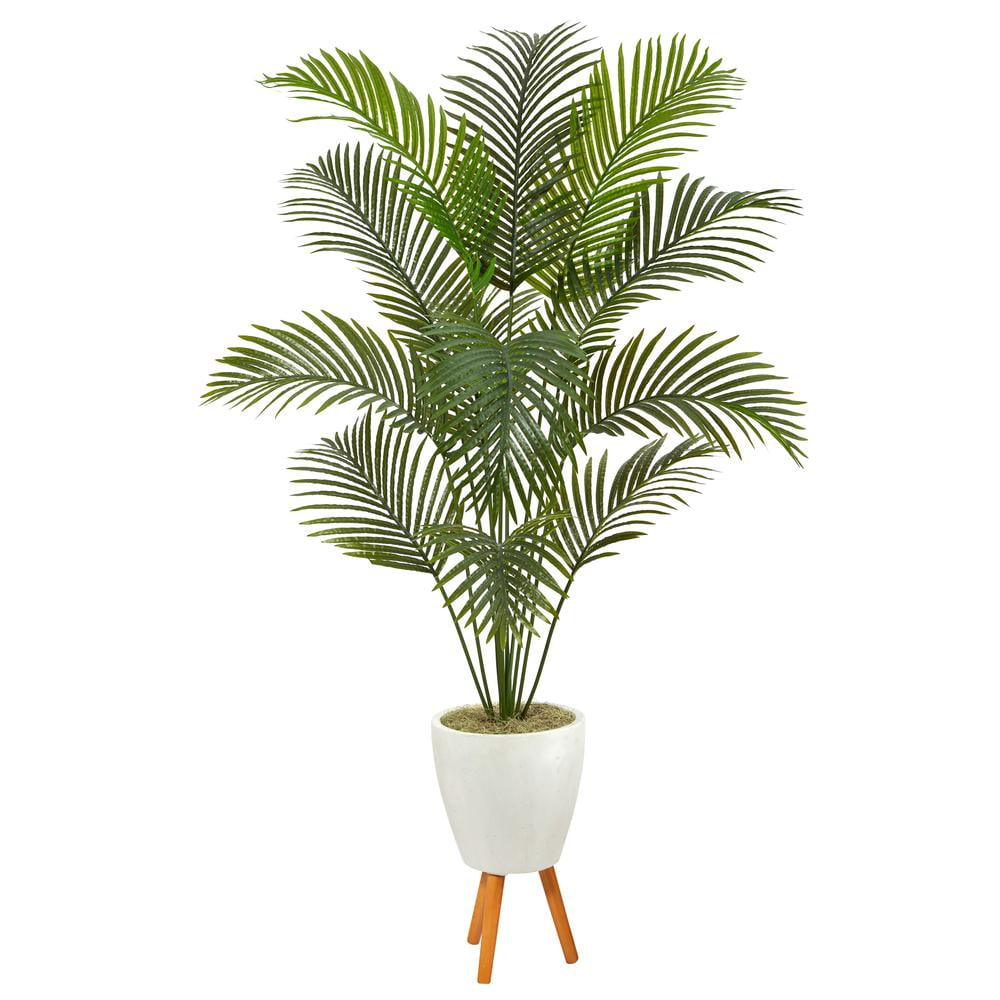 Nearly Natural 6.5' Golden Cane Artificial Palm Tree in White Planter ...