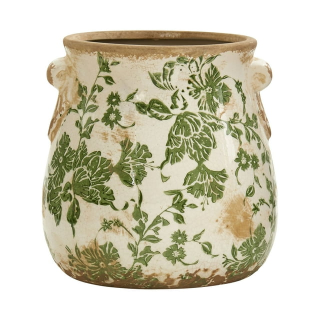 Nearly Natural 6.5" Tuscan Ceramic Green Scroll Planter - Walmart.com