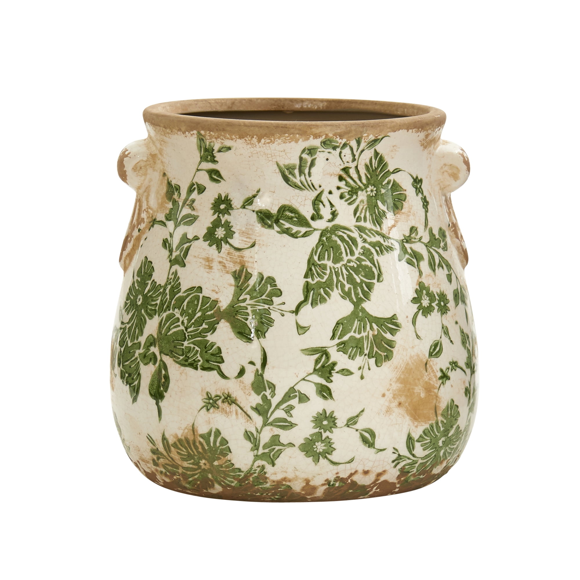 Nearly Natural 6.5" Tuscan Ceramic Green Scroll Planter - Walmart.com