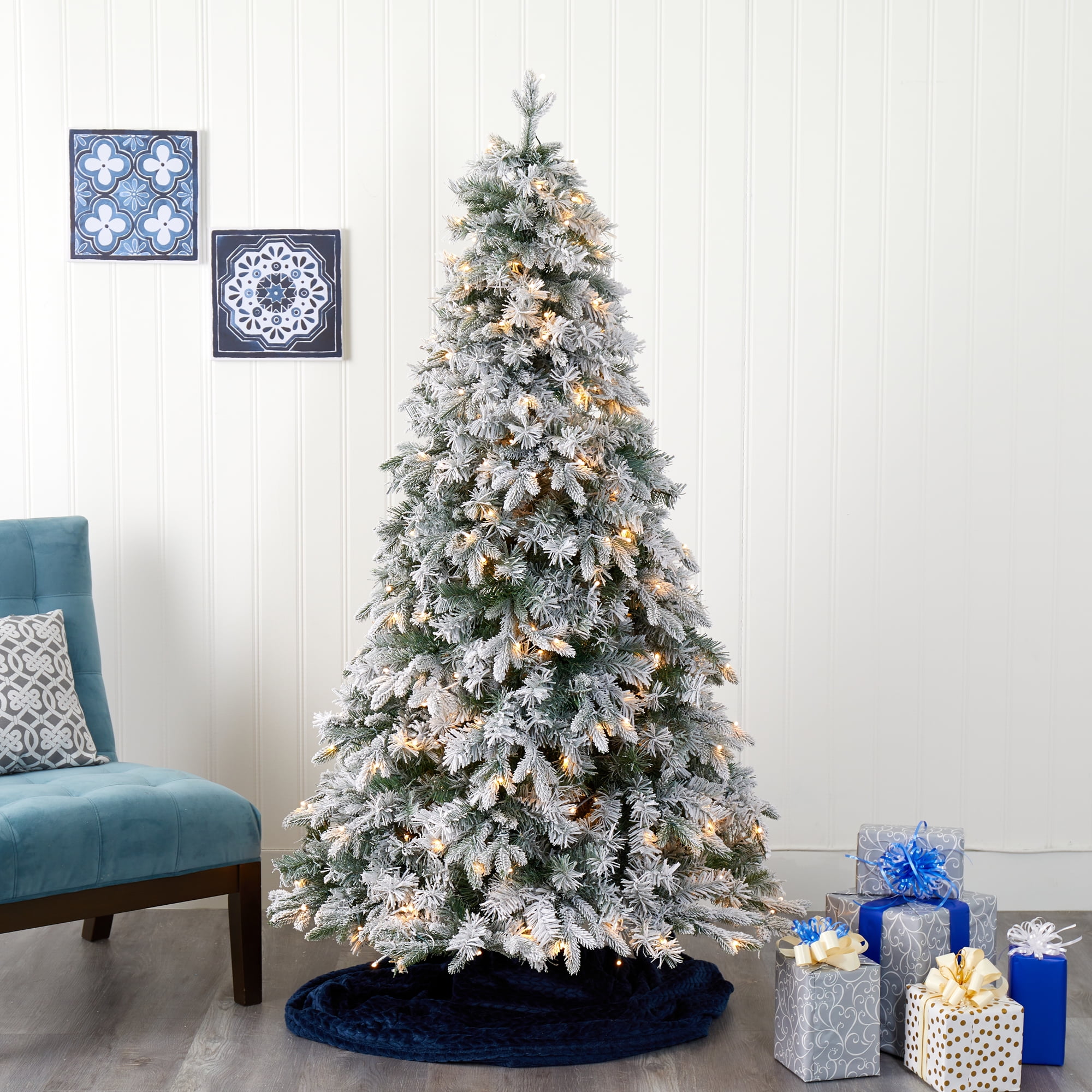 Nearly Natural 6 Flocked Vermont Pine Christmas Tree - LED Lights ...