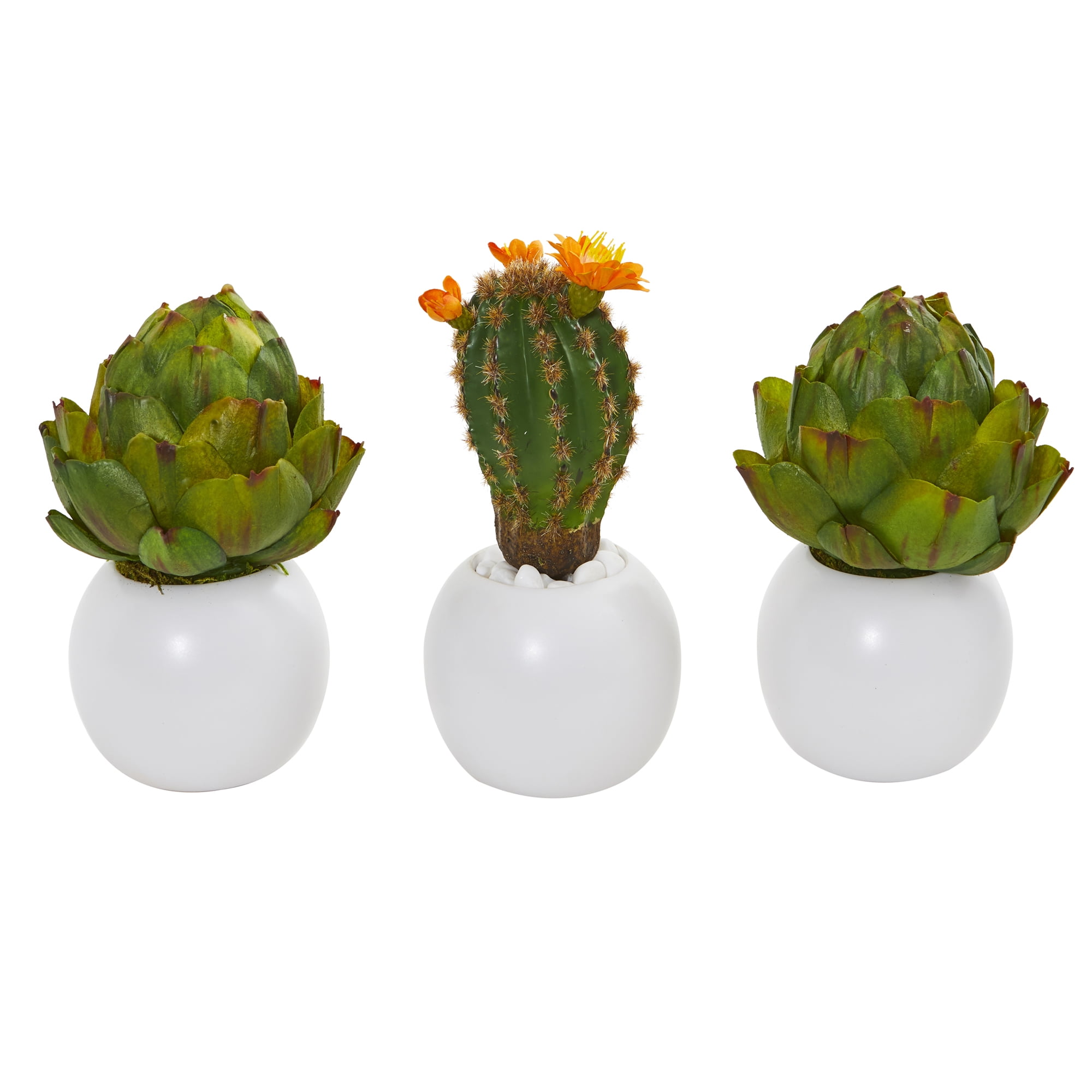 Nearly Natural 8” Artichoke and Cactus Artificial Plant in White ...