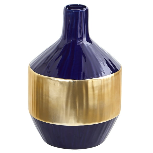 Nearly Natural 9" Traditional Lux Blue Ceramic Vase with Gold Band ...