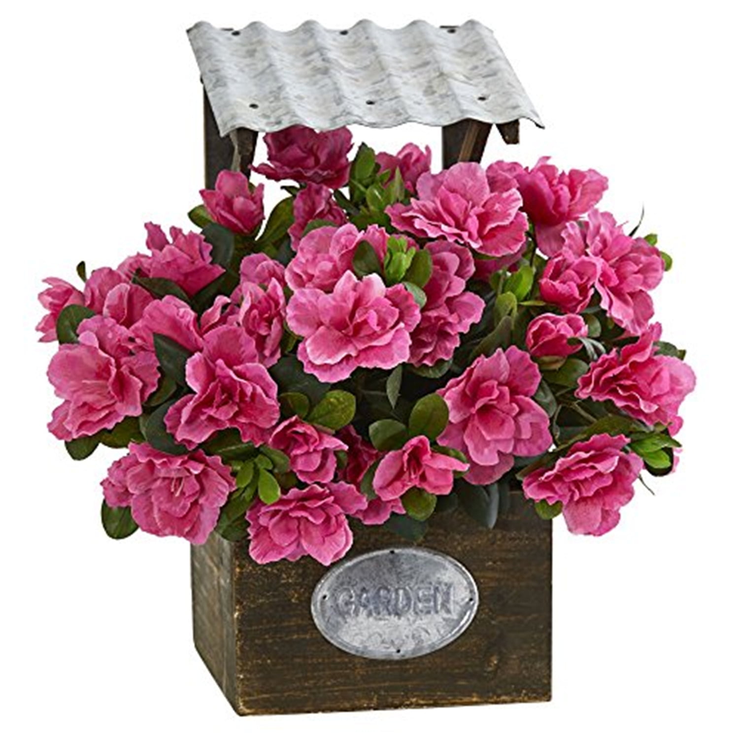 Nearly Natural Azalea Artificial Plant in Tin Roof Wood Planter, Pink ...