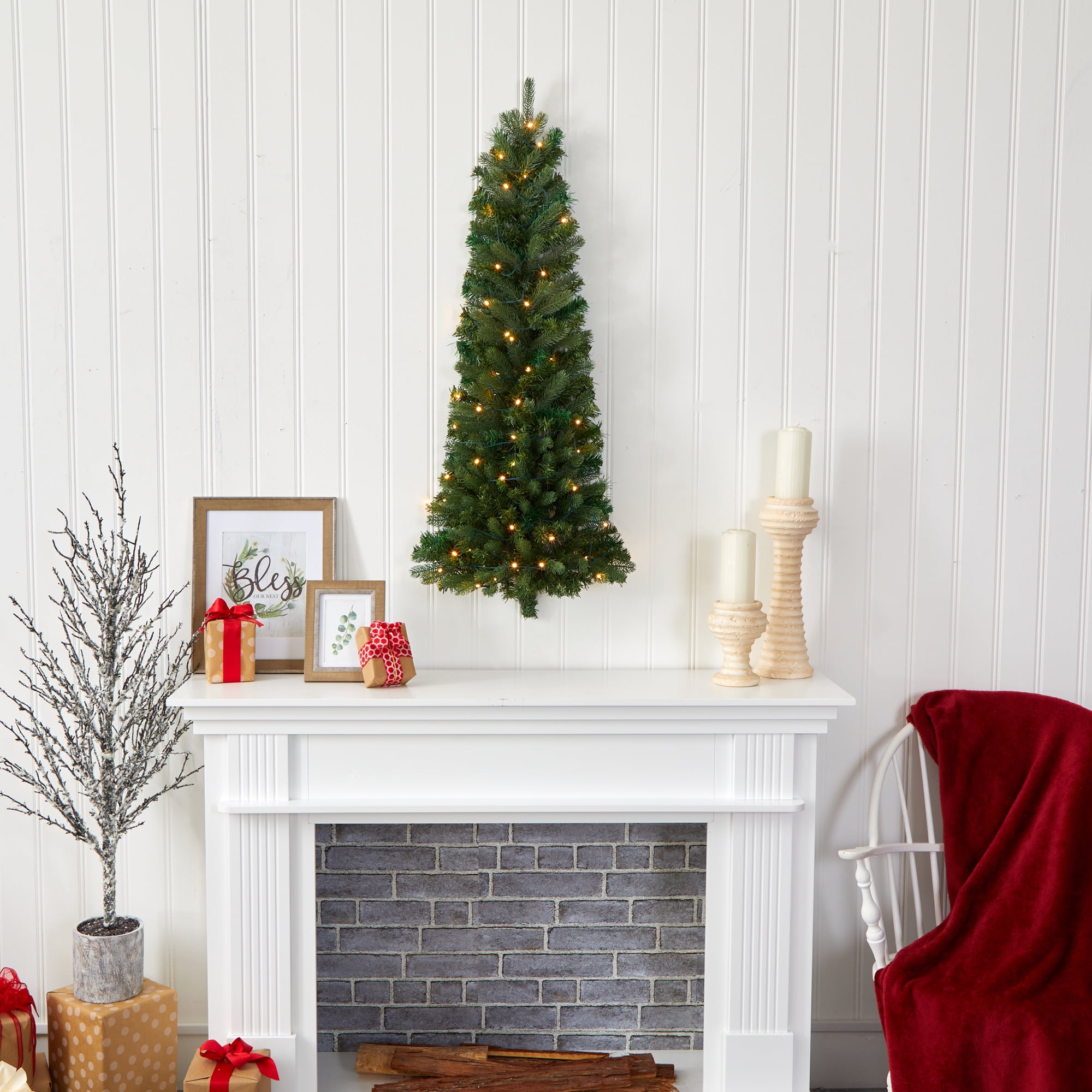 4ft. Flat Back Wall Hanging Artificial Christmas Tree with 50 Clear LED ...