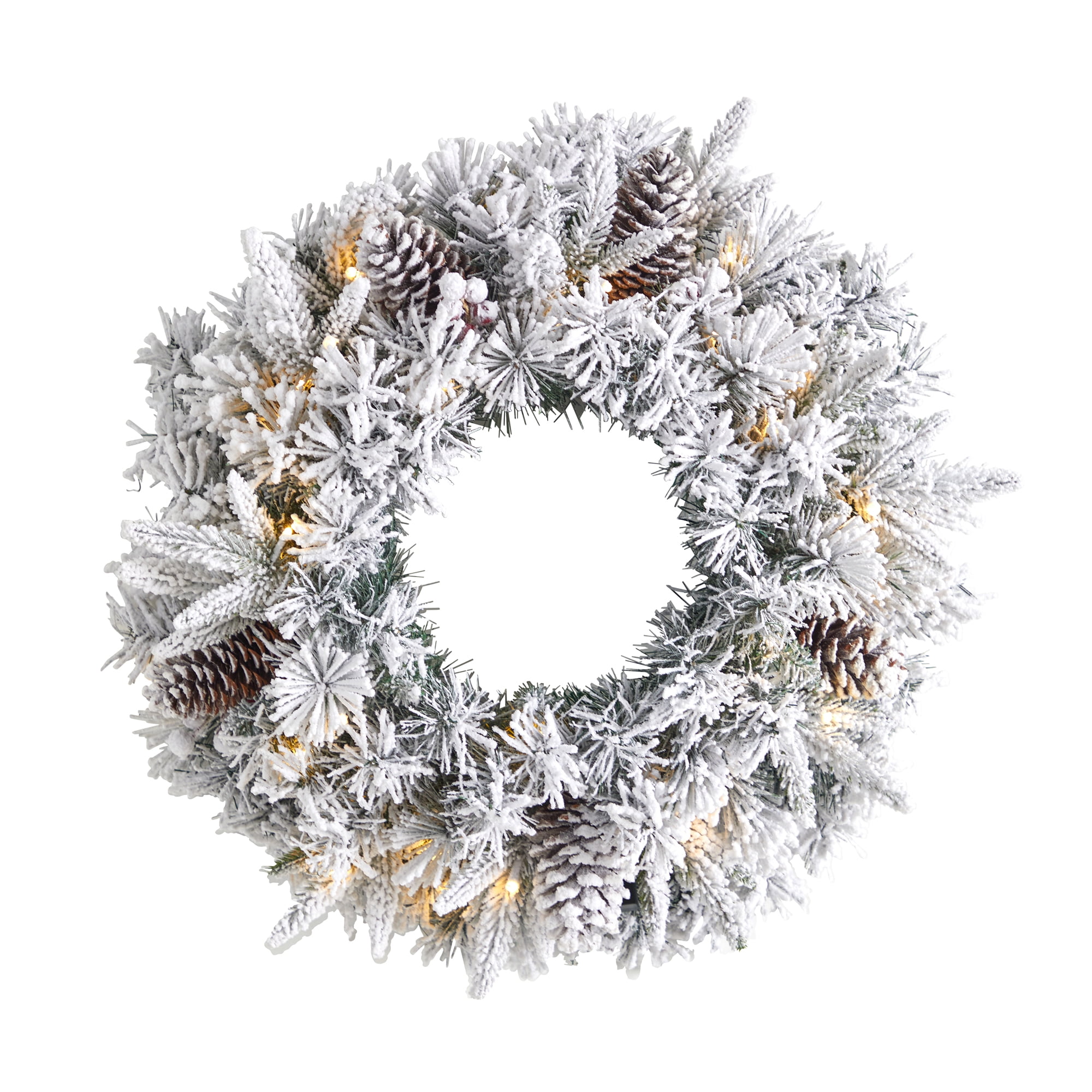 Nearly Natural 20" Flocked Artificial Christmas Wreath w/ 35 Warm White ...
