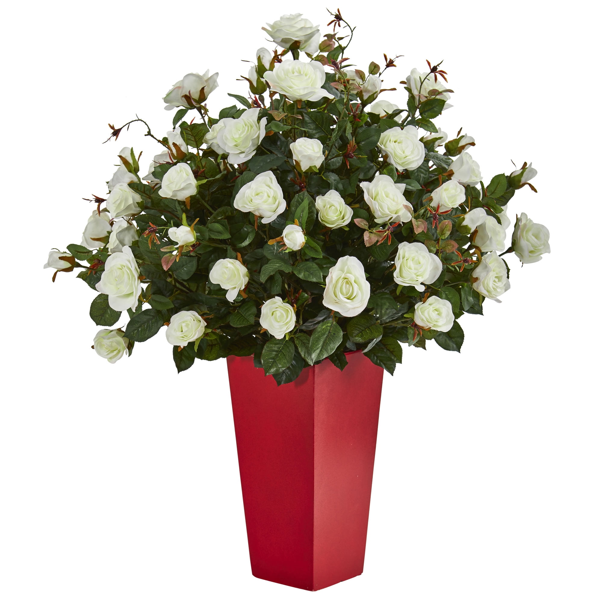 Nearly Natural Rose Bush Artificial Plant in Red Planter - Walmart.com