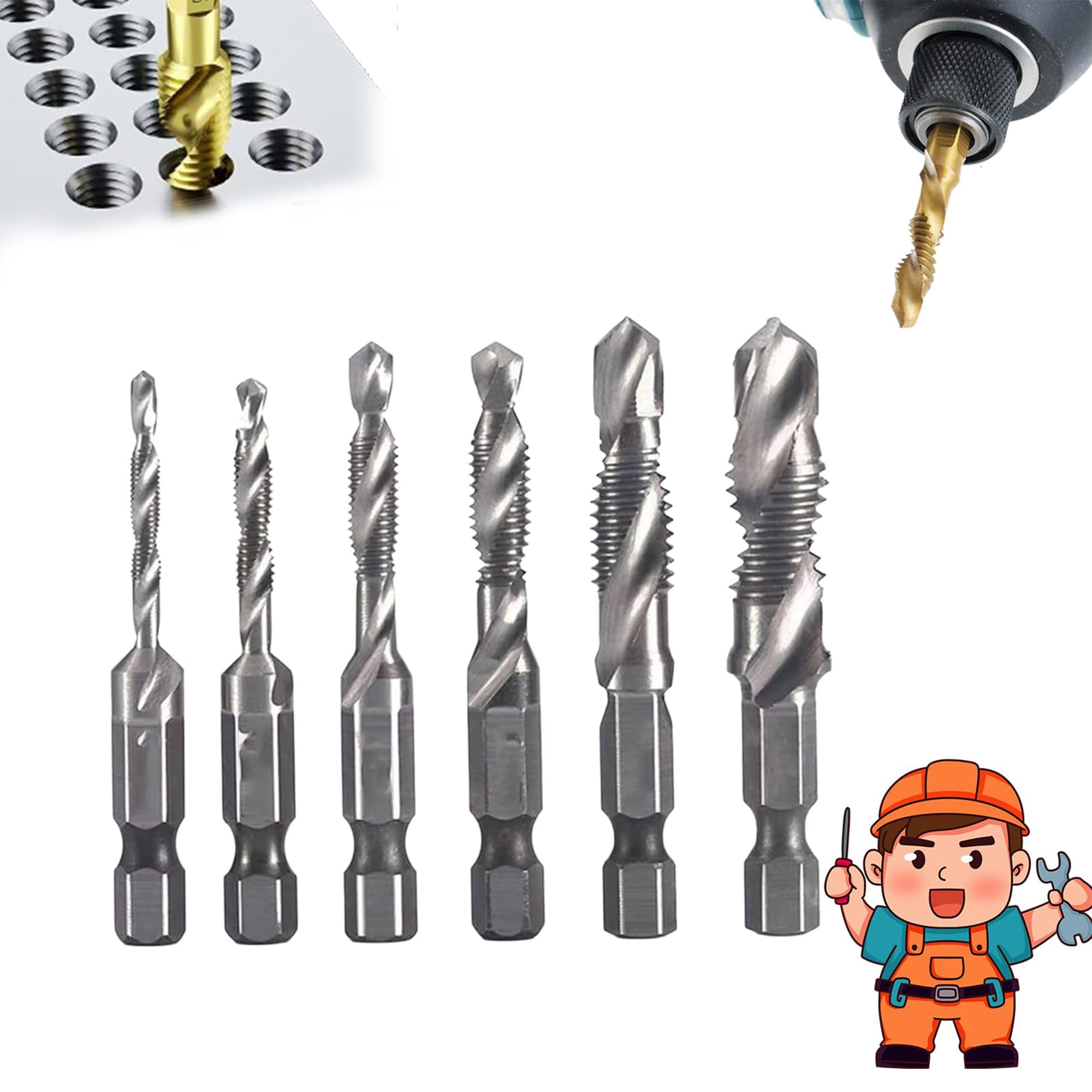 Neattidyly 3 in 1 Spiral Tap Hex Shank Drill Bit Set, M3/M4/M5/M6/M8/M10 Drill Bits High Speed ...