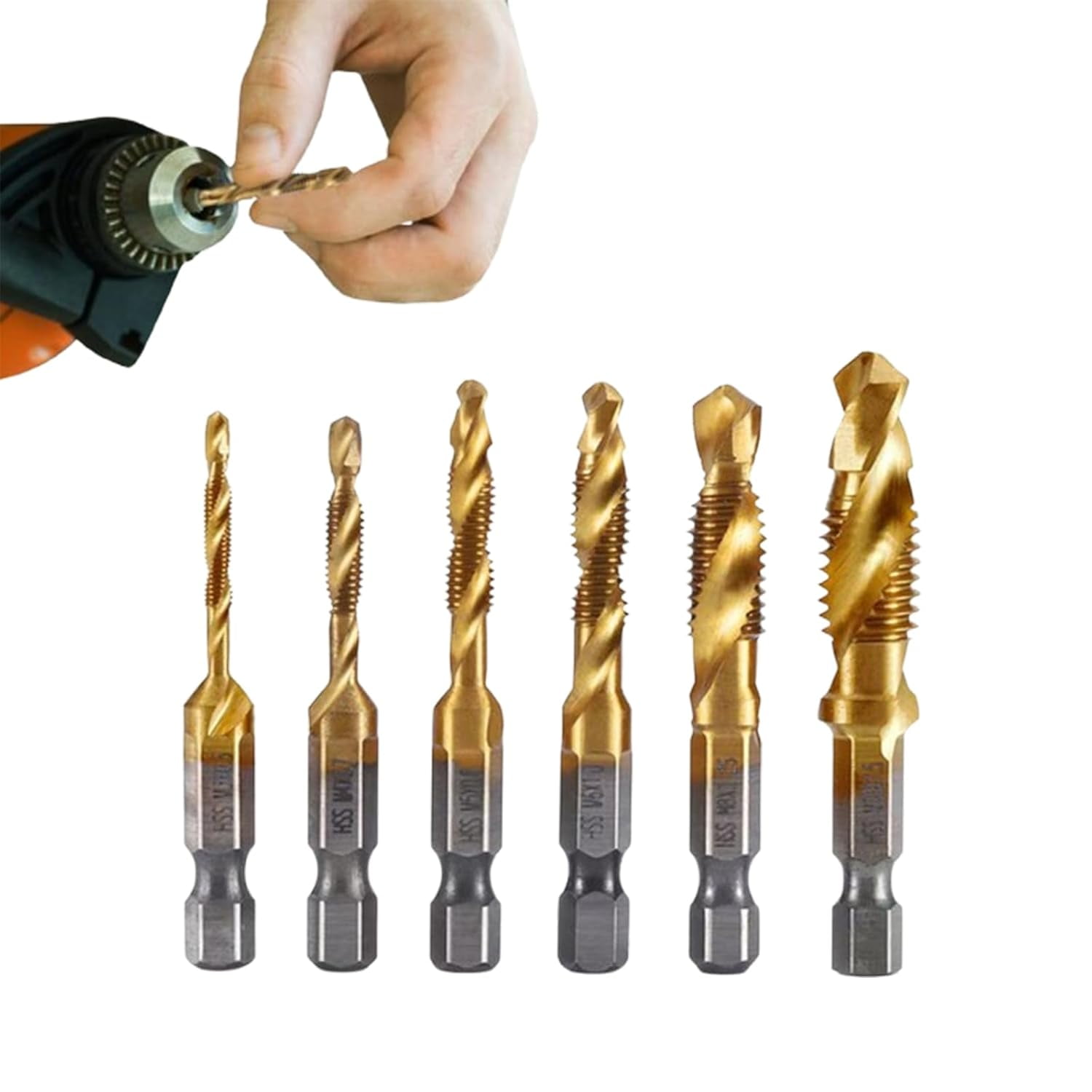 Neattidyly 3 in 1 Spiral Tap Hex Shank Drill Bit Set, M3/M4/M5/M6/M8 ...