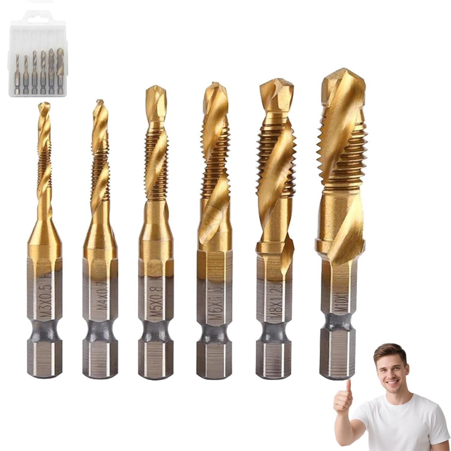 Neattidyly 3 in 1 Spiral Tap Hex Shank Drill Bit Set, M3/M4/M5/M6/M8 ...