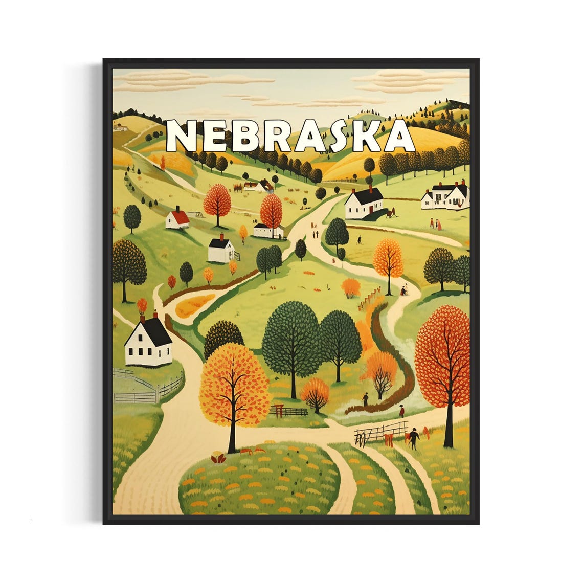 Nebraska And Motto Landscape Scenery Art Print, American Folk Art Wall ...