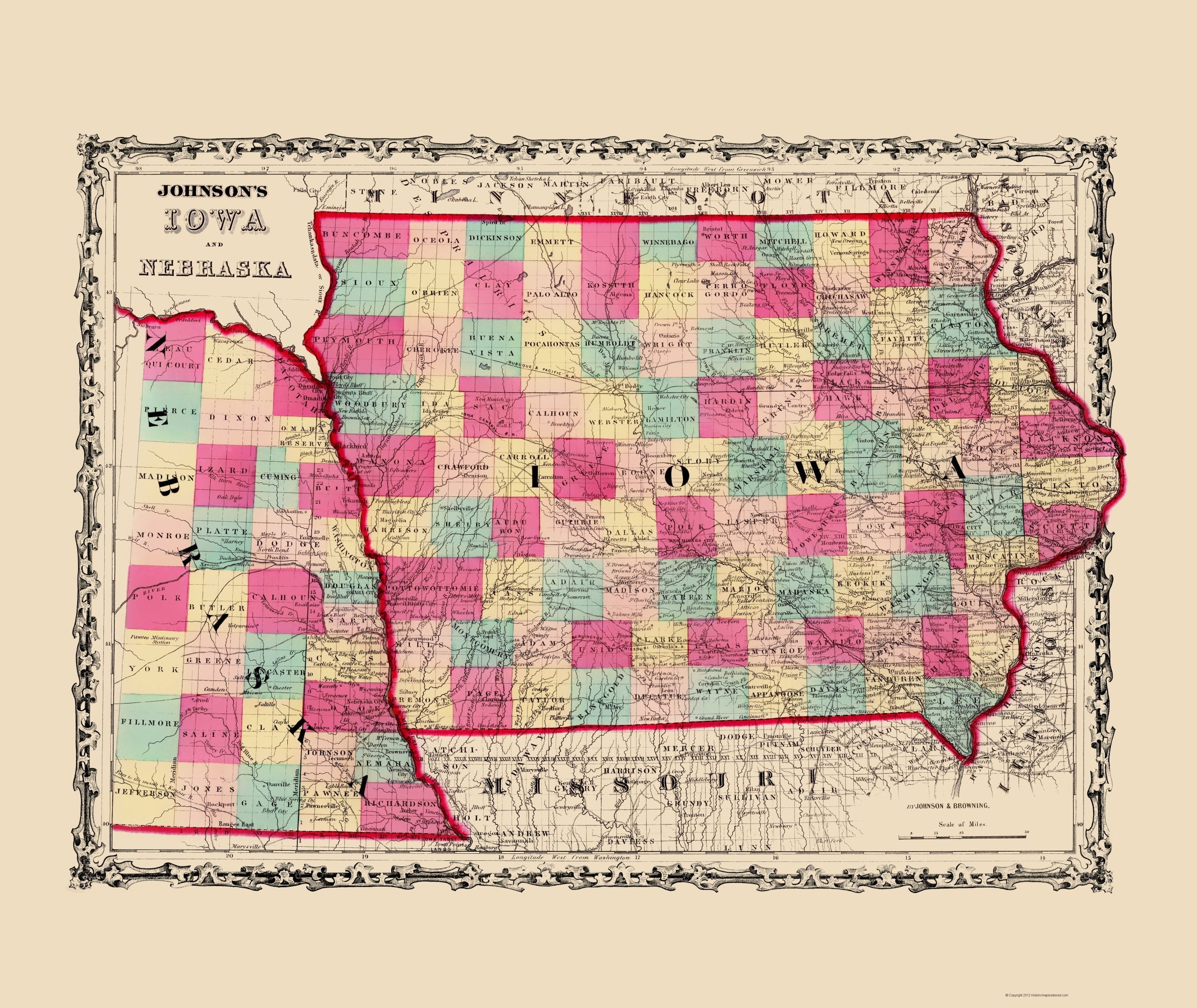 Historic State Map - Nebraska Iowa - Johnson 1860 - 23 x 27.32 ...