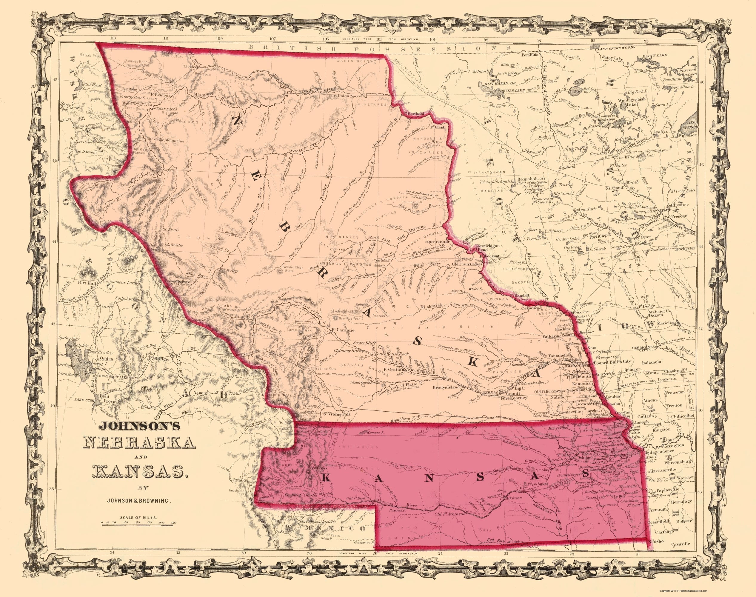 Historic State Map - Nebraska Kansas - Johnson 1860 - 23 x 29.13 ...