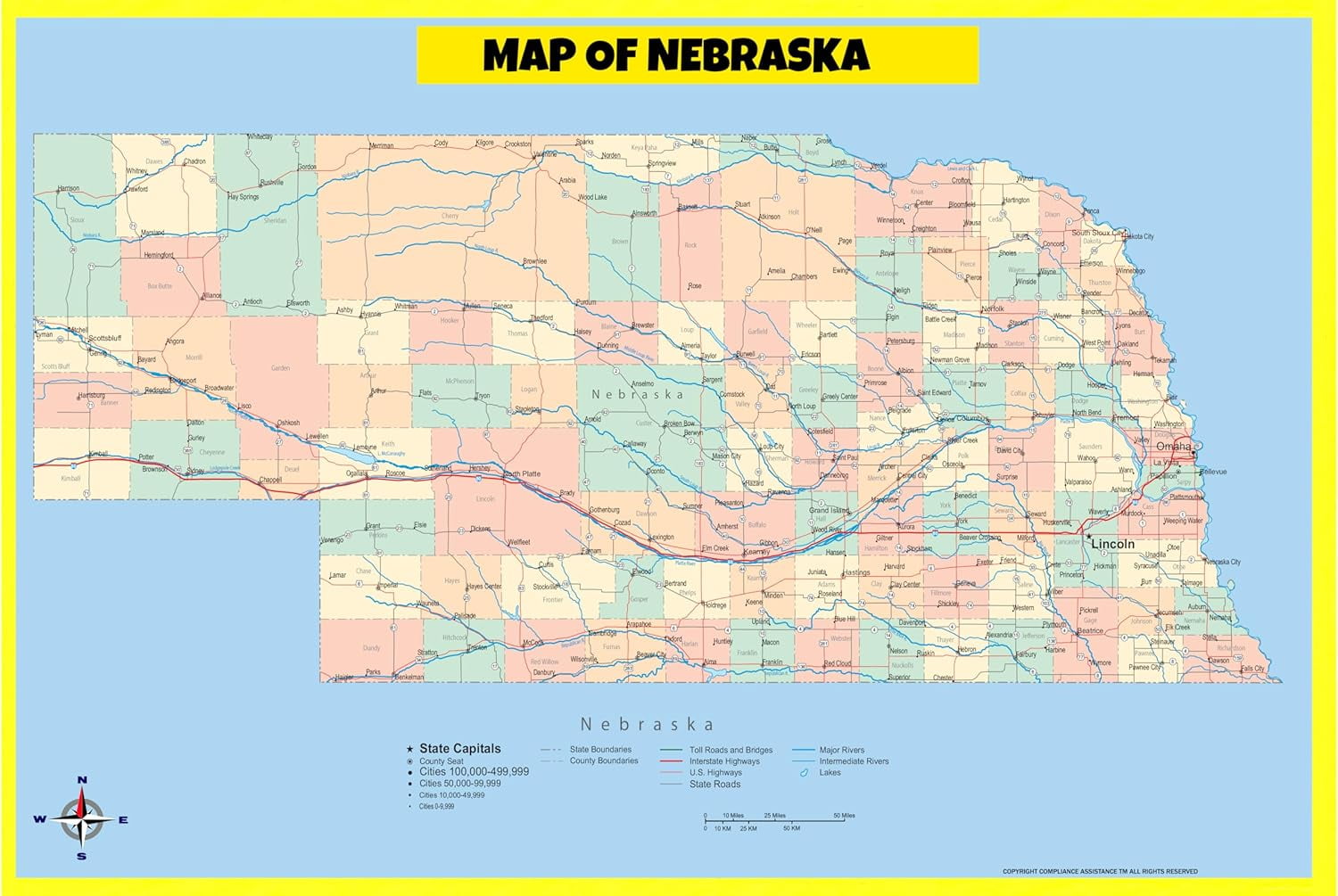 Nebraska Map Poster - Laminated Wall Map - Style A - 36x60 - Ideal for ...