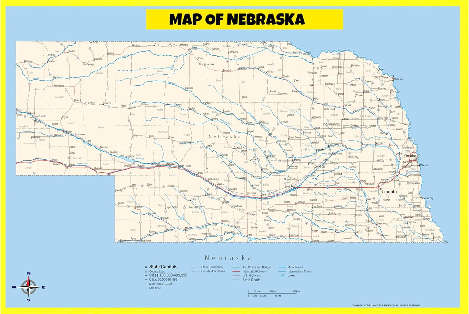 Nebraska Map Poster - Laminated Wall Map - Style B - 24x36 - Ideal for ...