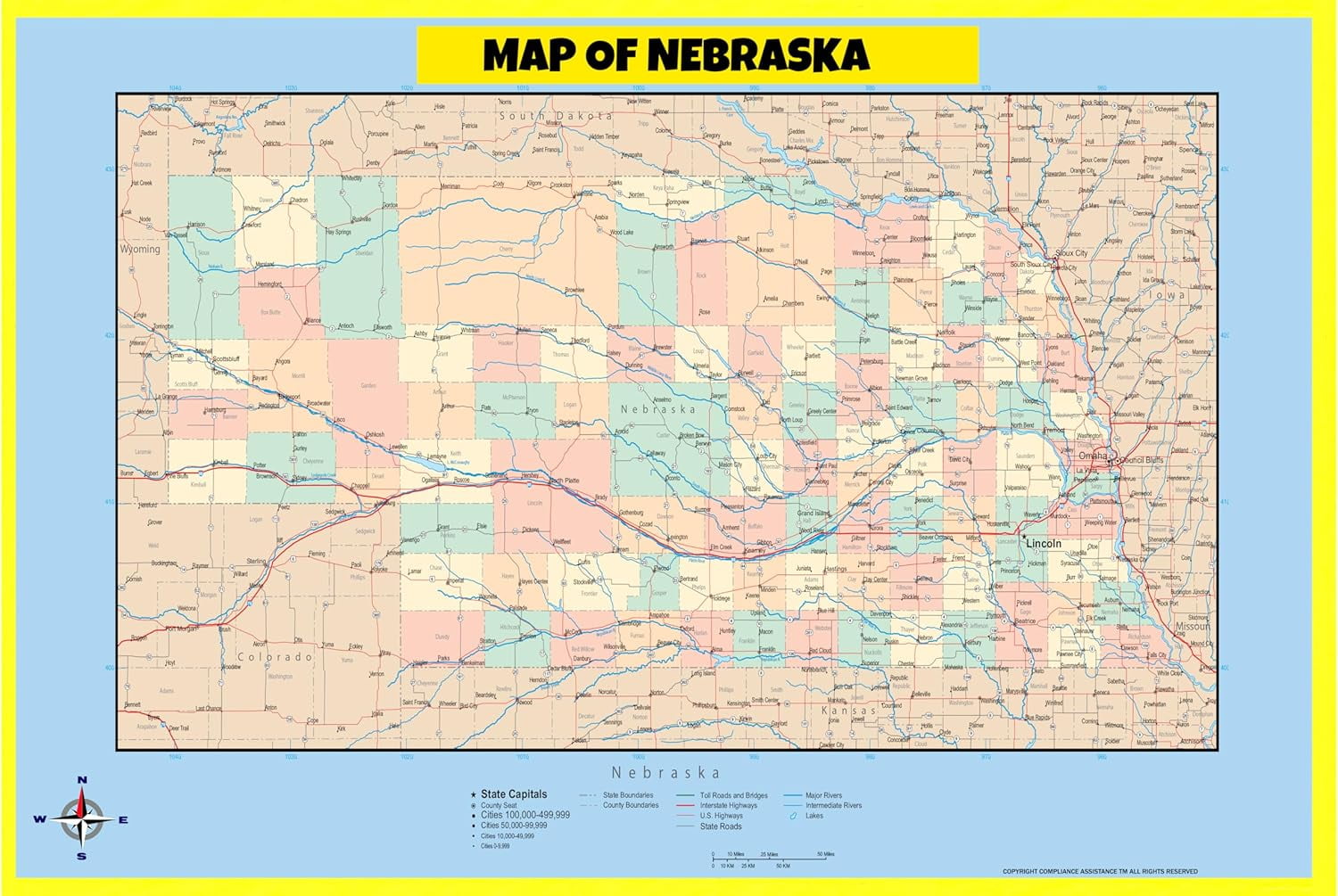 Nebraska Map Poster - Laminated Wall Map - Style C - 18x24 - Ideal for Classrooms and Homes ...