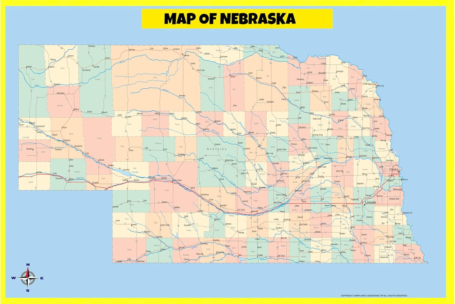 Nebraska Map Poster - Laminated Wall Map - Style D - 24x36 - Ideal for ...