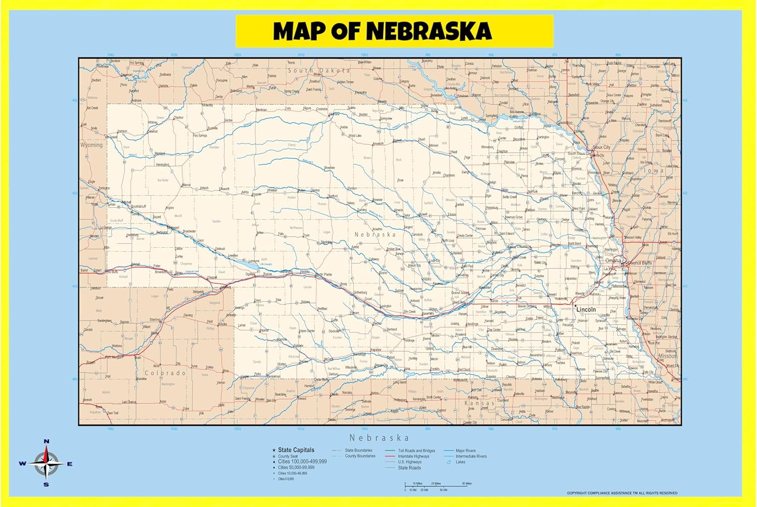 Nebraska Map Poster - Laminated Wall Map - Style E - 36x60 - Ideal for ...