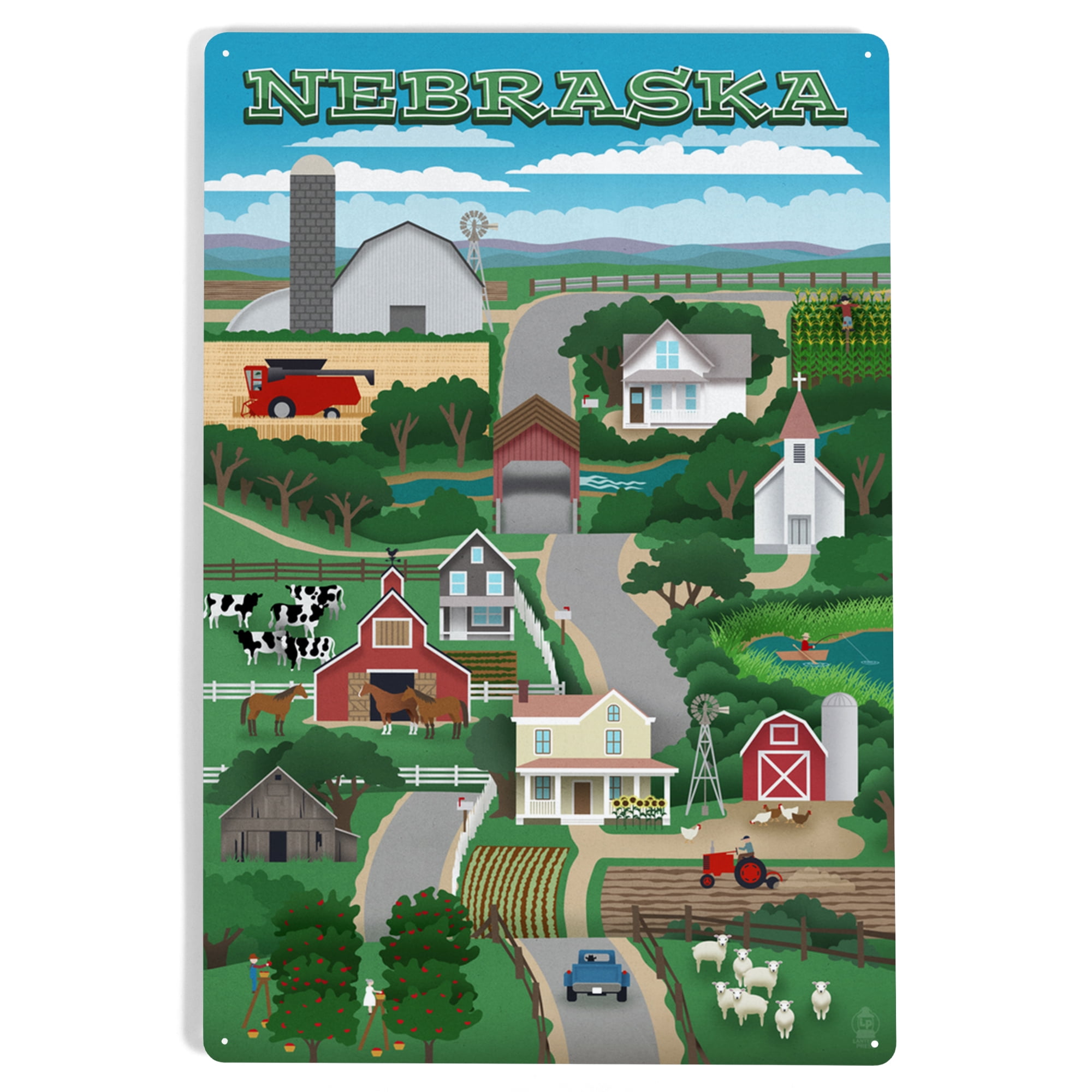 Nebraska, Retro Style Countryside (12x18 Aluminum Art, Indoor Outdoor ...