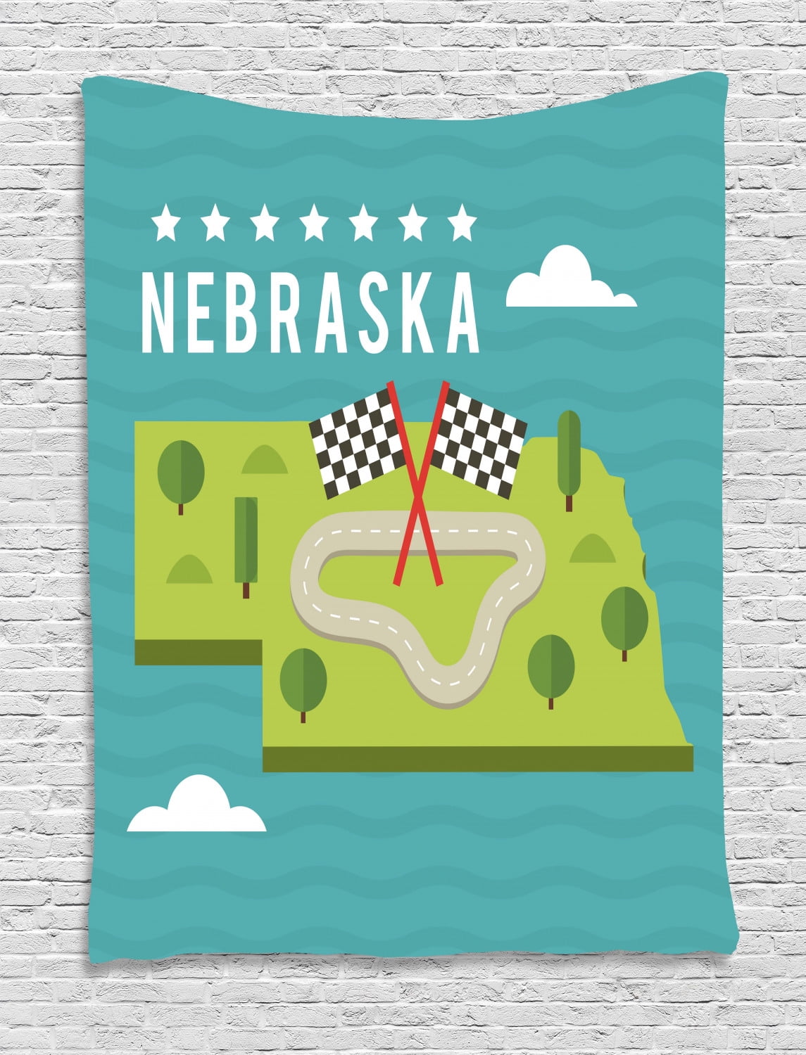 Nebraska Tapestry, Map of Nebraska State Flags Road and Green Trees ...