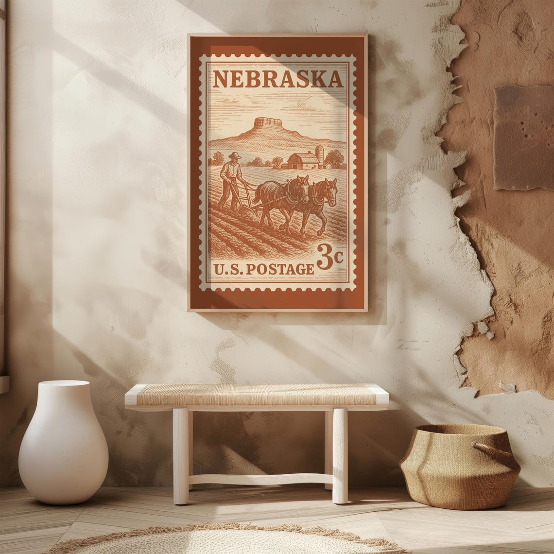 Nebraska Vintage Postage Stamp Print, Retro Midwest Horse Farm Wall Art ...