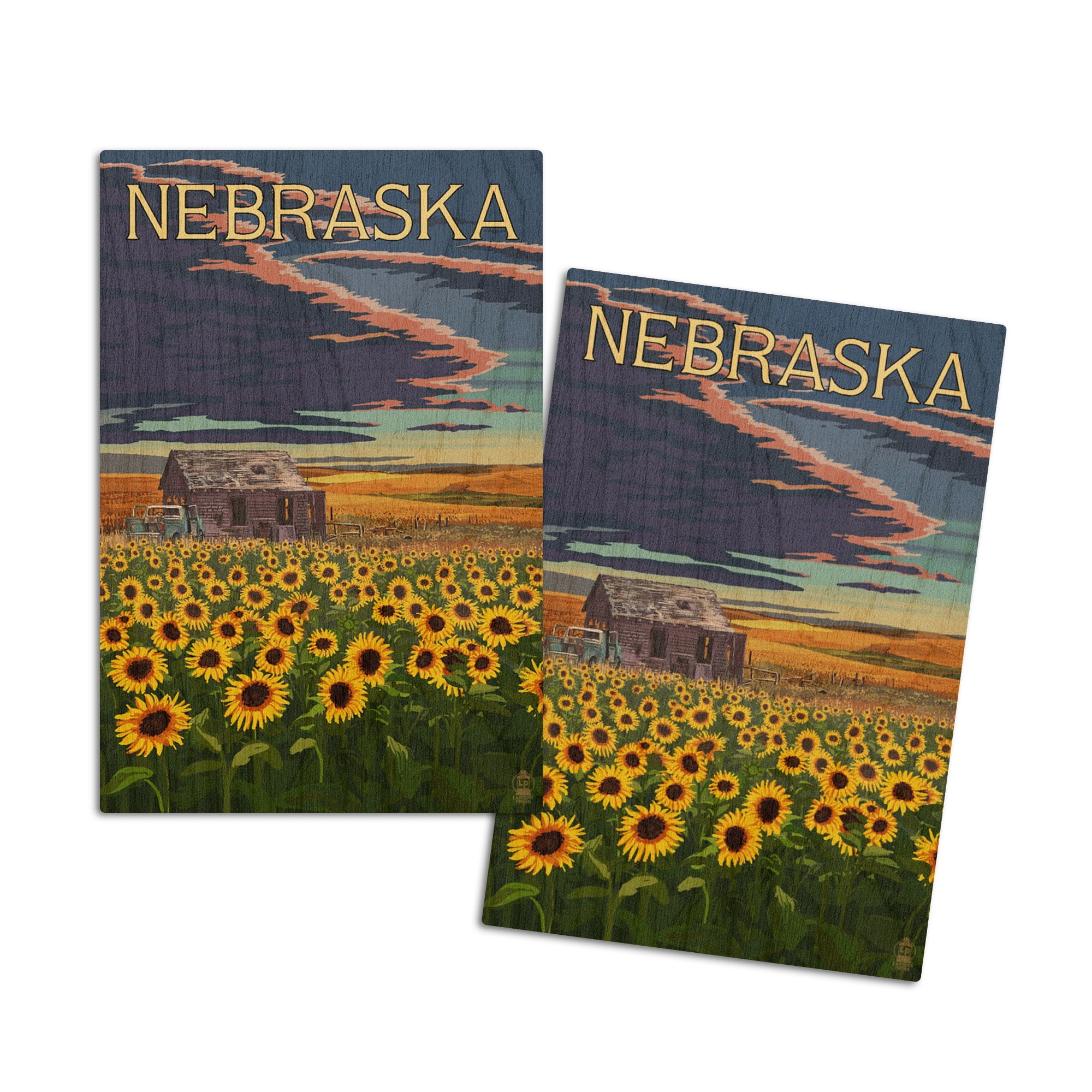 Nebraska, Wheat Fields, Shack and Sunflowers (4x6 Birch Wood Postcards, 2-Pack Stationary ...